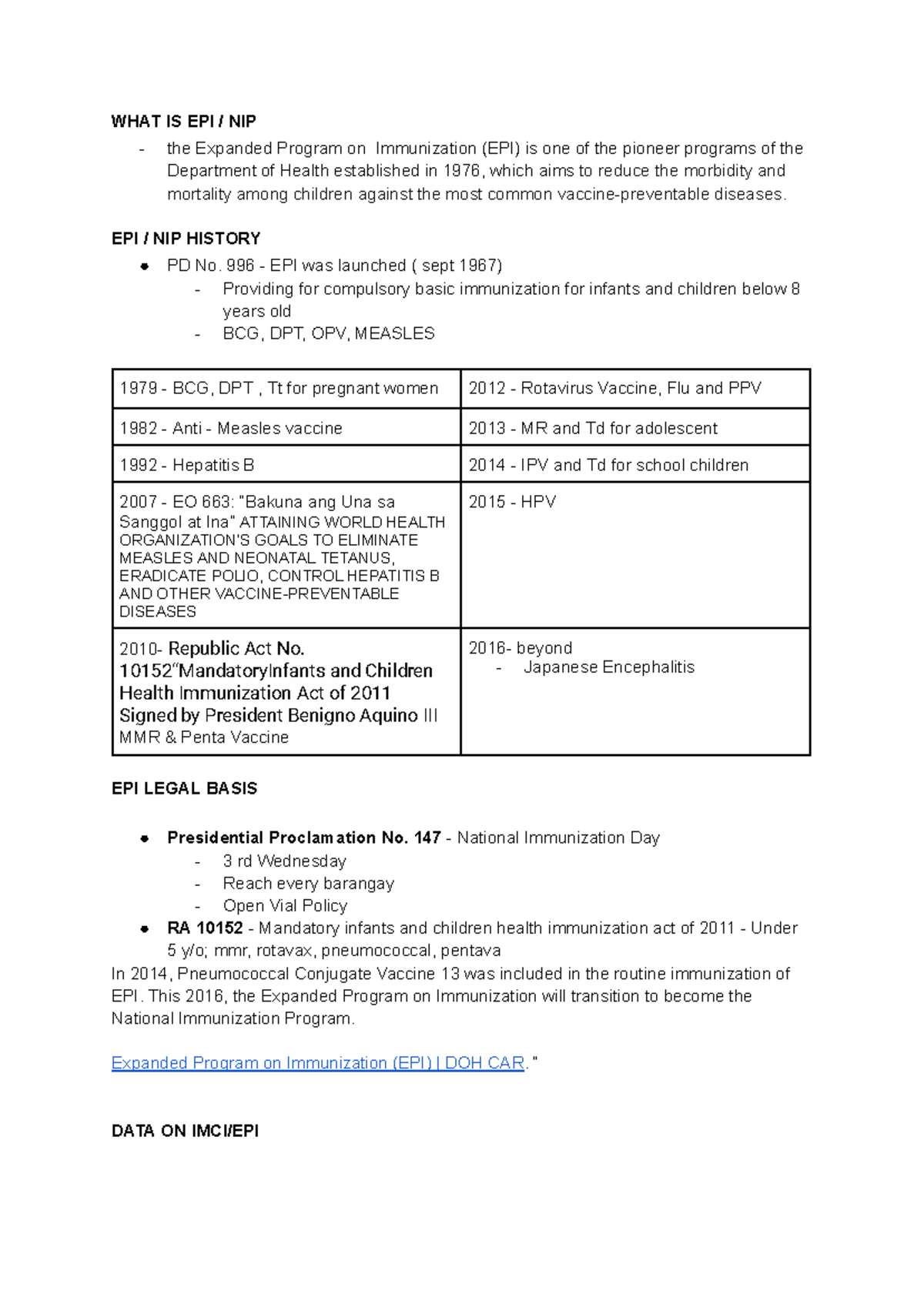 Revised DATA Sheet FOR EPI - WHAT IS EPI / NIP - the Expanded Program ...