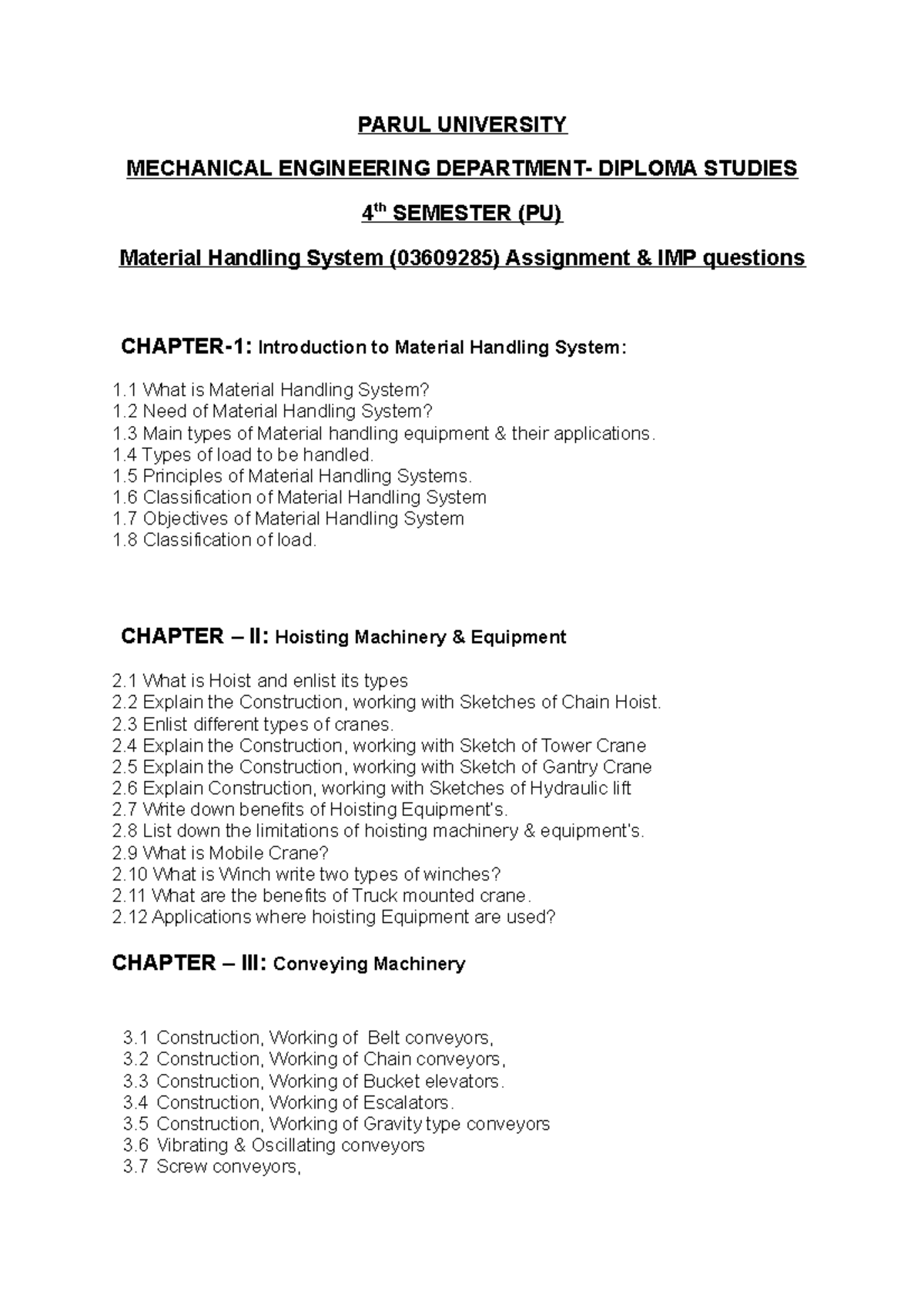 Chapter Wise Assignment MHS - PARUL UNIVERSITY MECHANICAL ENGINEERING DEPARTMENT- DIPLOMA ...