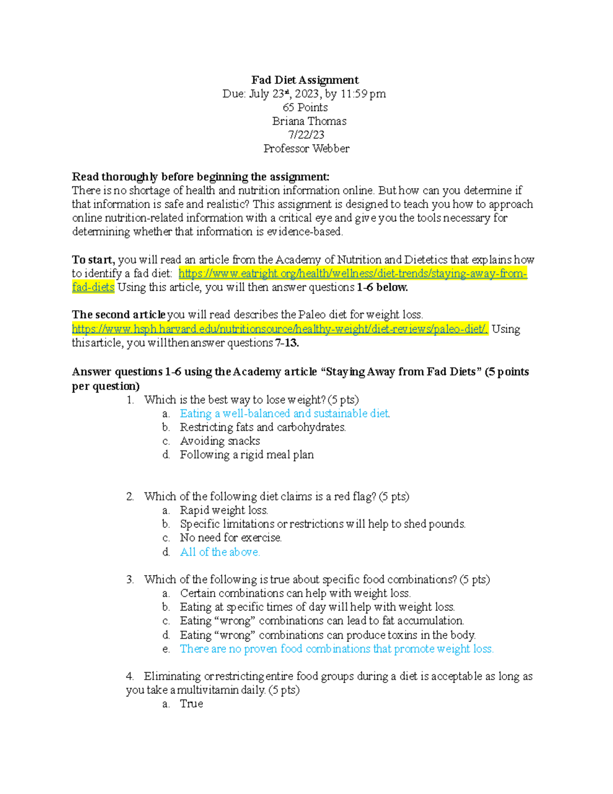 Fad Diet Assignment - Fad Diet Assignment Due: July 23rd, 2023, by 11: ...