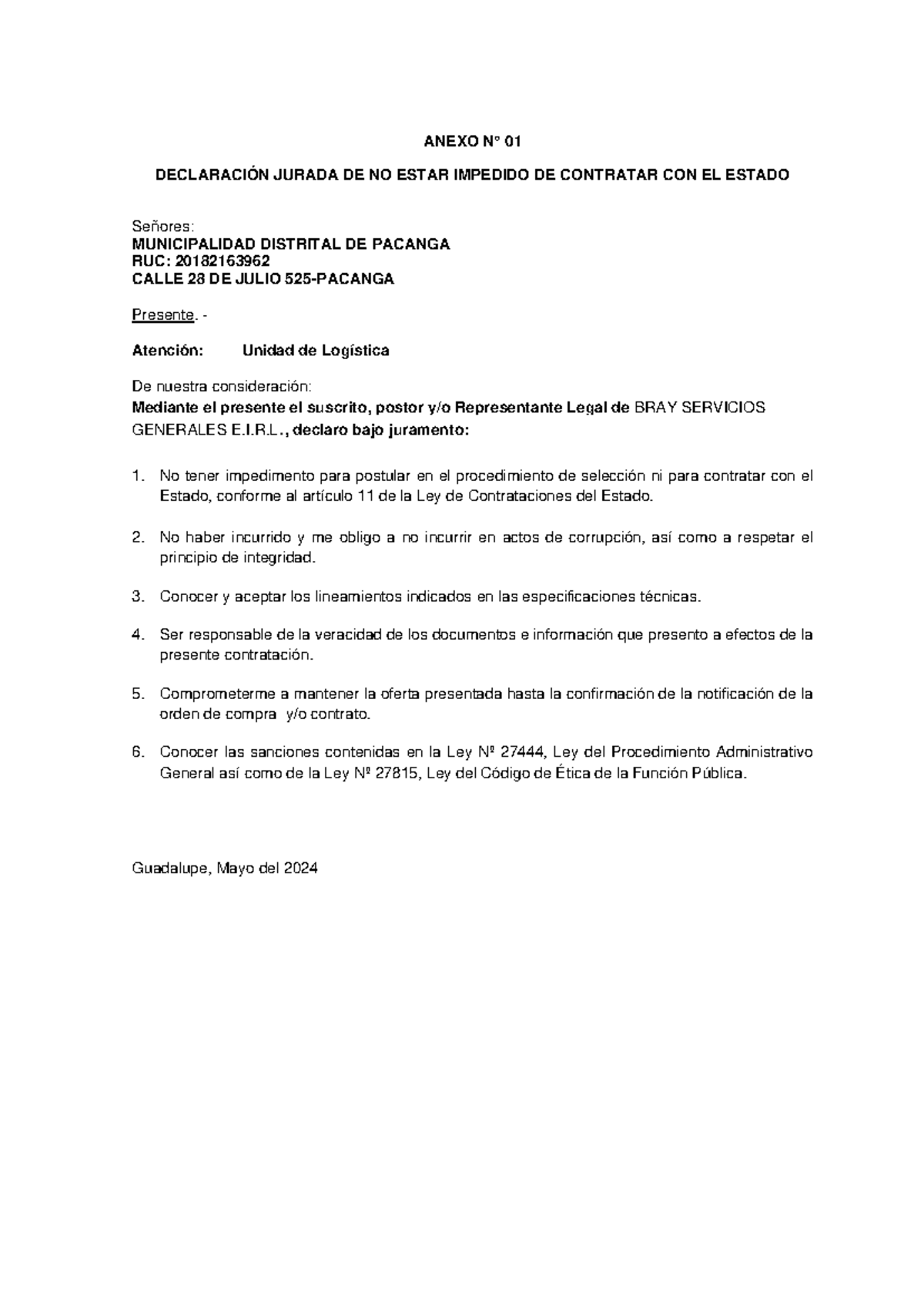 Anexos-Y-DJ Servicios Zamora 01 - ANEXO N° 01 DECLARACIÓN JURADA DE NO ESTAR IMPEDIDO DE ...