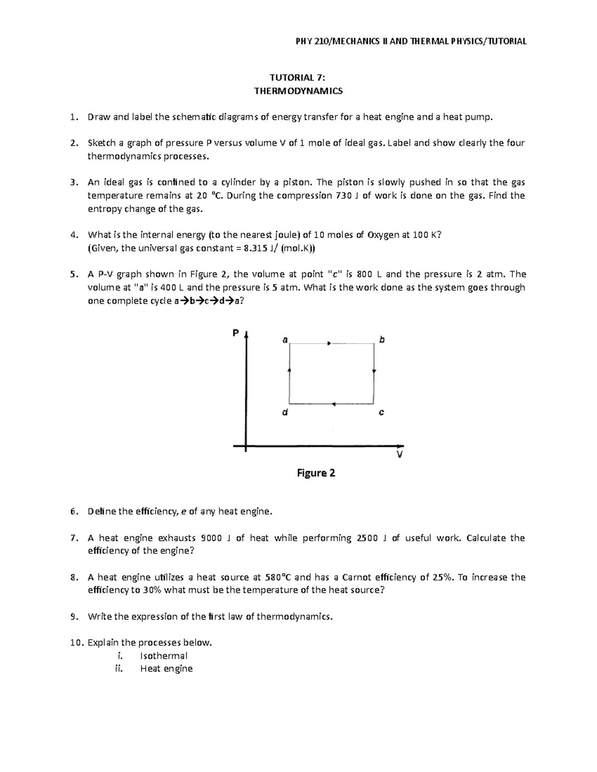 PHY210 Tutorial 7 NEW - PHY 210/MECHANICS II AND THERMAL PHYSICS/TUTORIAL TUTORIAL 7 ...