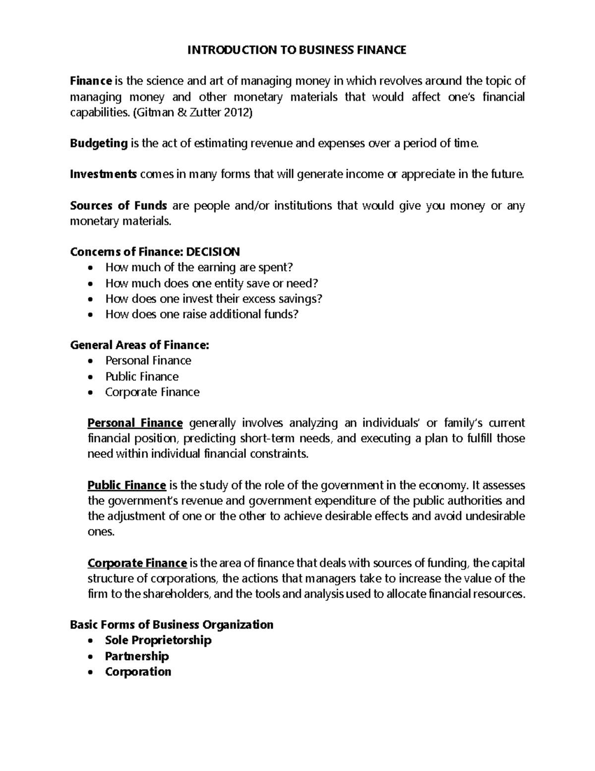 Week 2 - Introduction to Business Finance - INTRODUCTION TO BUSINESS ...