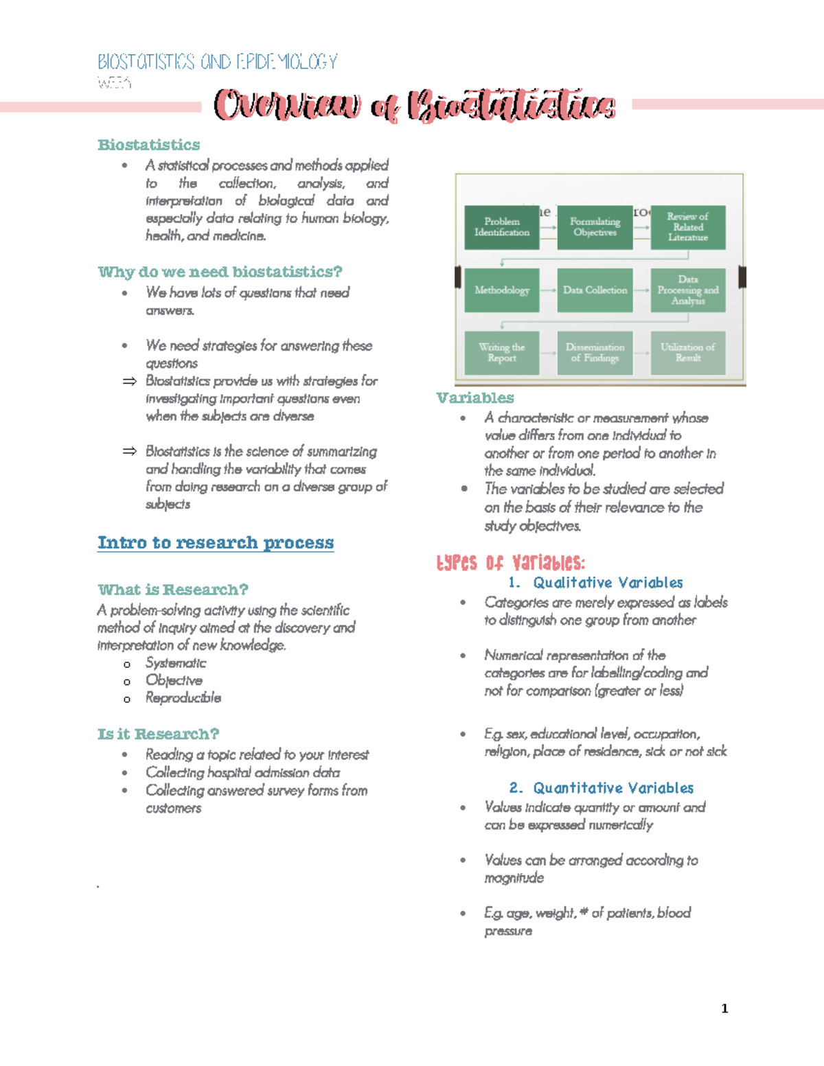 WEEK 1 Overview of Biostats - BIOSTATISTICS AND EPIDEMIOLOGY WEEK 1 1 ...