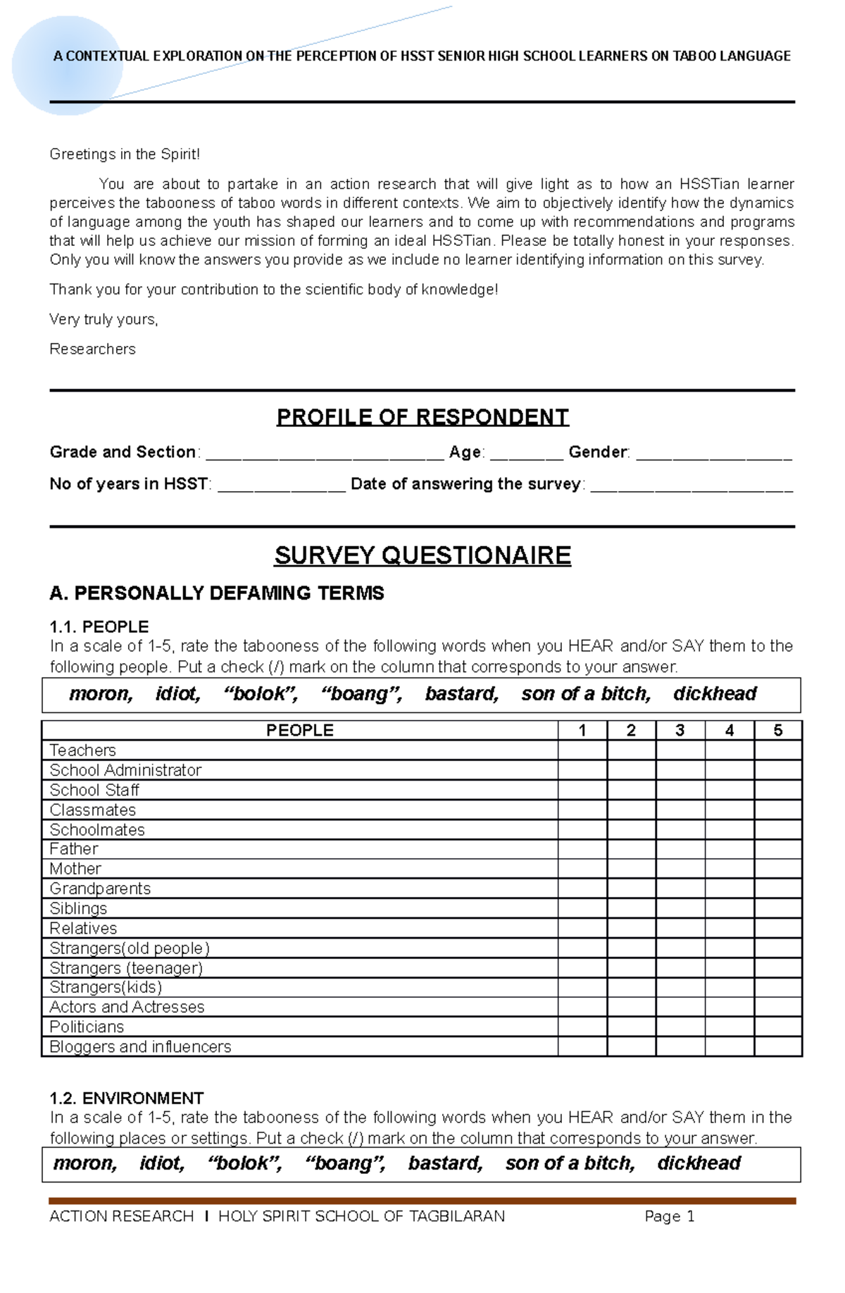 Action Research 1 - Grade: 12 - Greetings in the Spirit! You are about ...