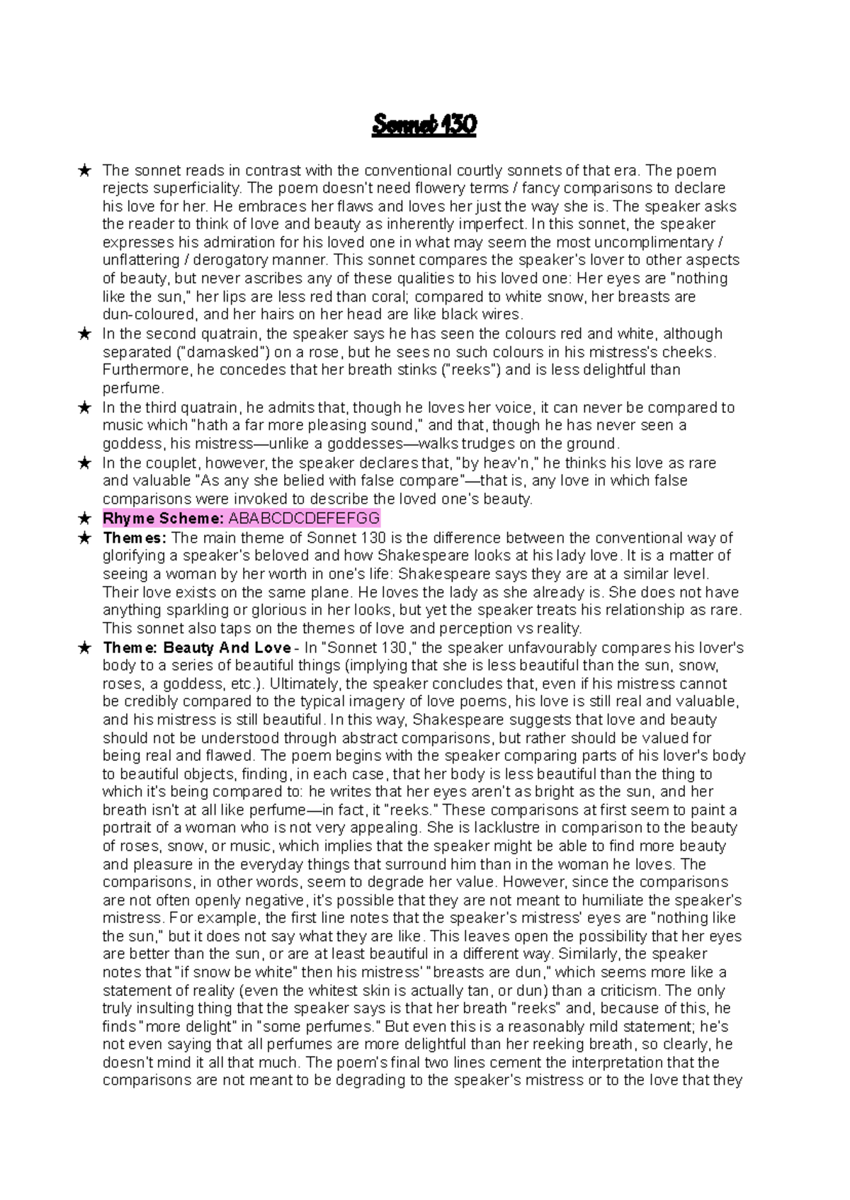 Grade 12 English Poetry Analysis - Sonnet 130 ★ The sonnet reads in ...