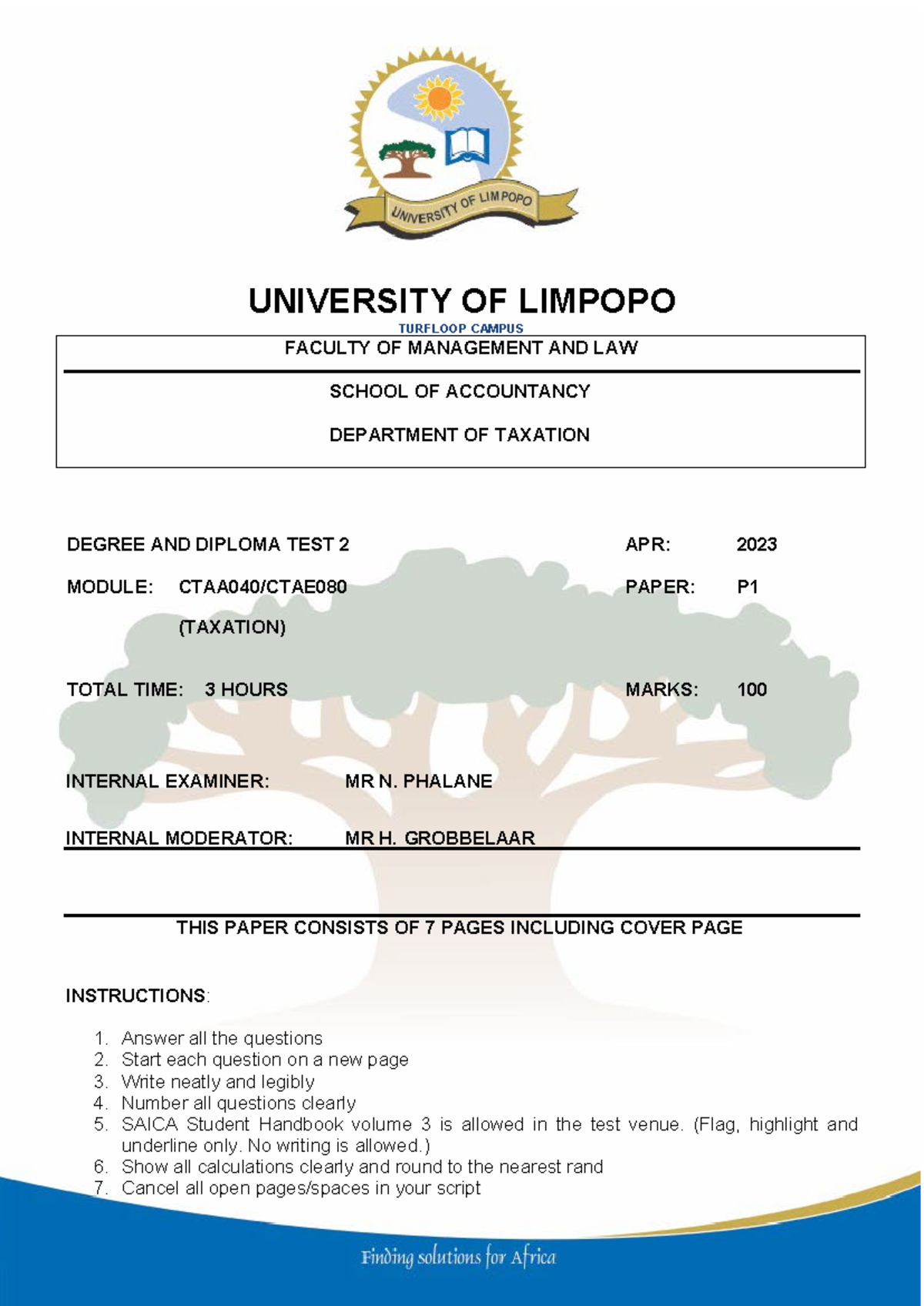CTAA040 CTAE080 - Test 2 - 2023 - UNIVERSITY OF LIMPOPO TURFLOOP CAMPUS ...