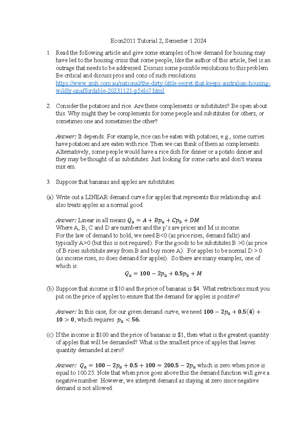 Econ2011 Tutorial 2 answers - Econ2011 Tutorial 2, Semester 1 2024 Read ...