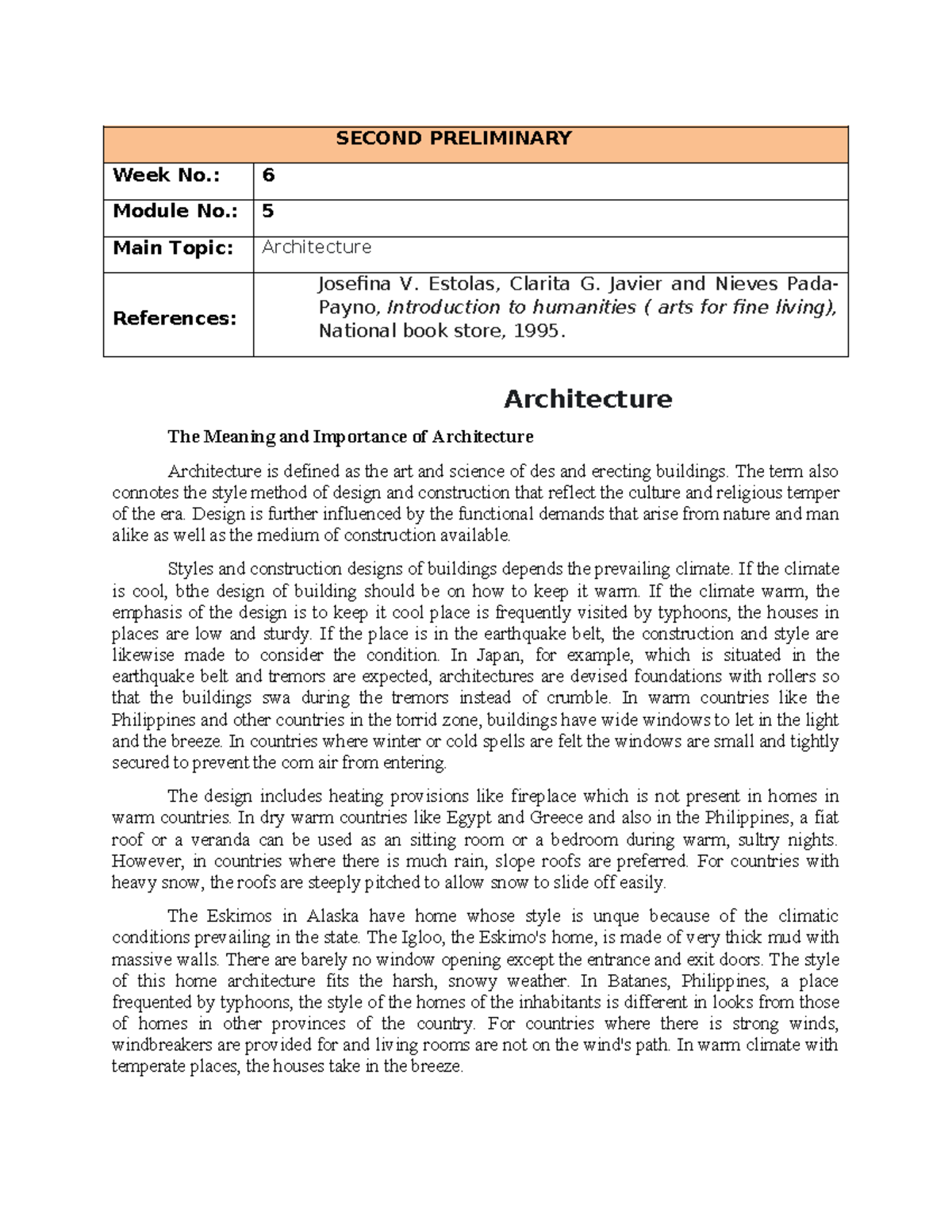 Arts and Humanities Module 6 - SECOND PRELIMINARY Week No.: 6 Module No ...