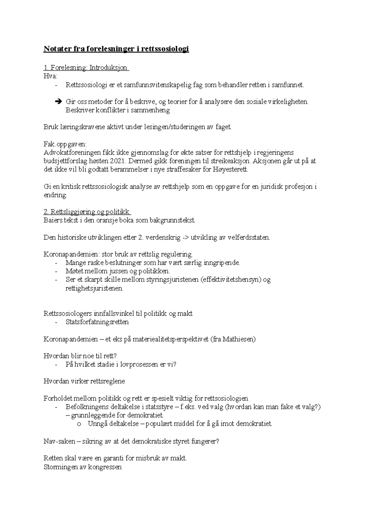 Notater til forelesninger i JUS4122 våren 2022 - Notater fra forelesninger i rettssosiologi ...