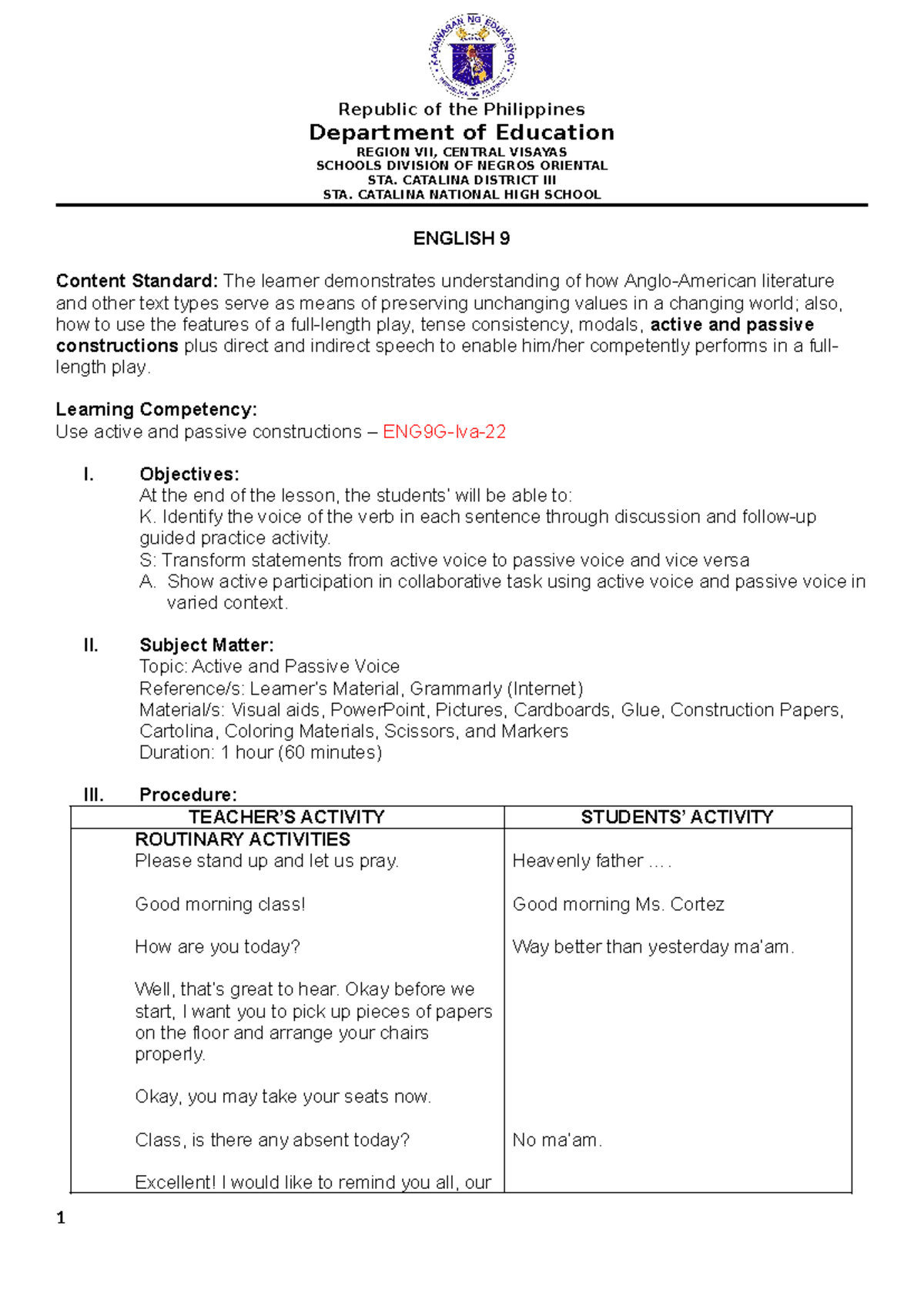 Active AND Passive Voice - Department of Education REGION VII, CENTRAL ...