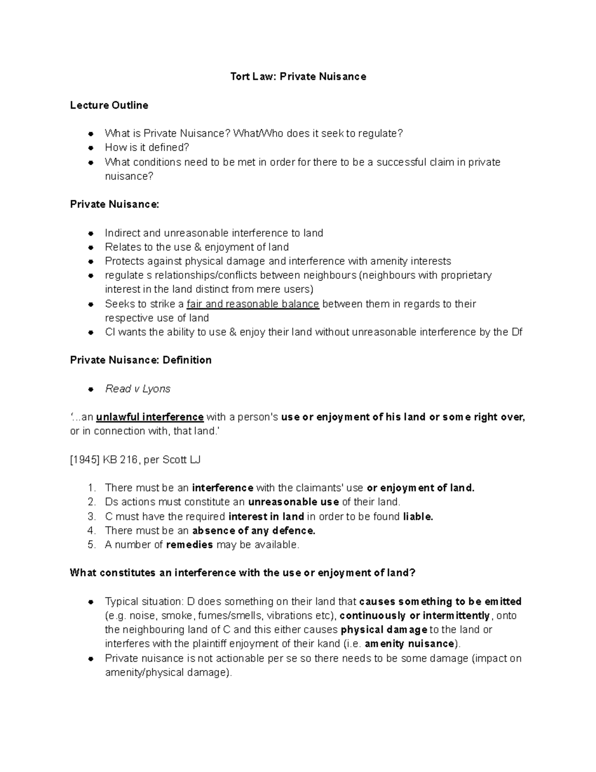 Tort Law Private Nuisance - Tort Law: Private Nuisance Lecture Outline ...