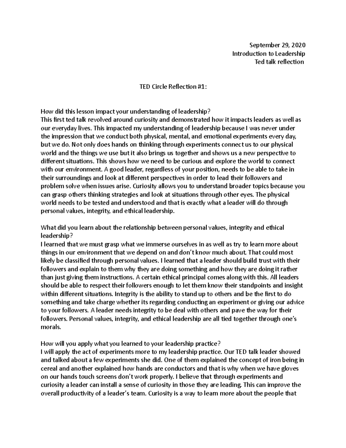 Ted talk circle reflection #1 - September 29, 2020 Introduction to ...