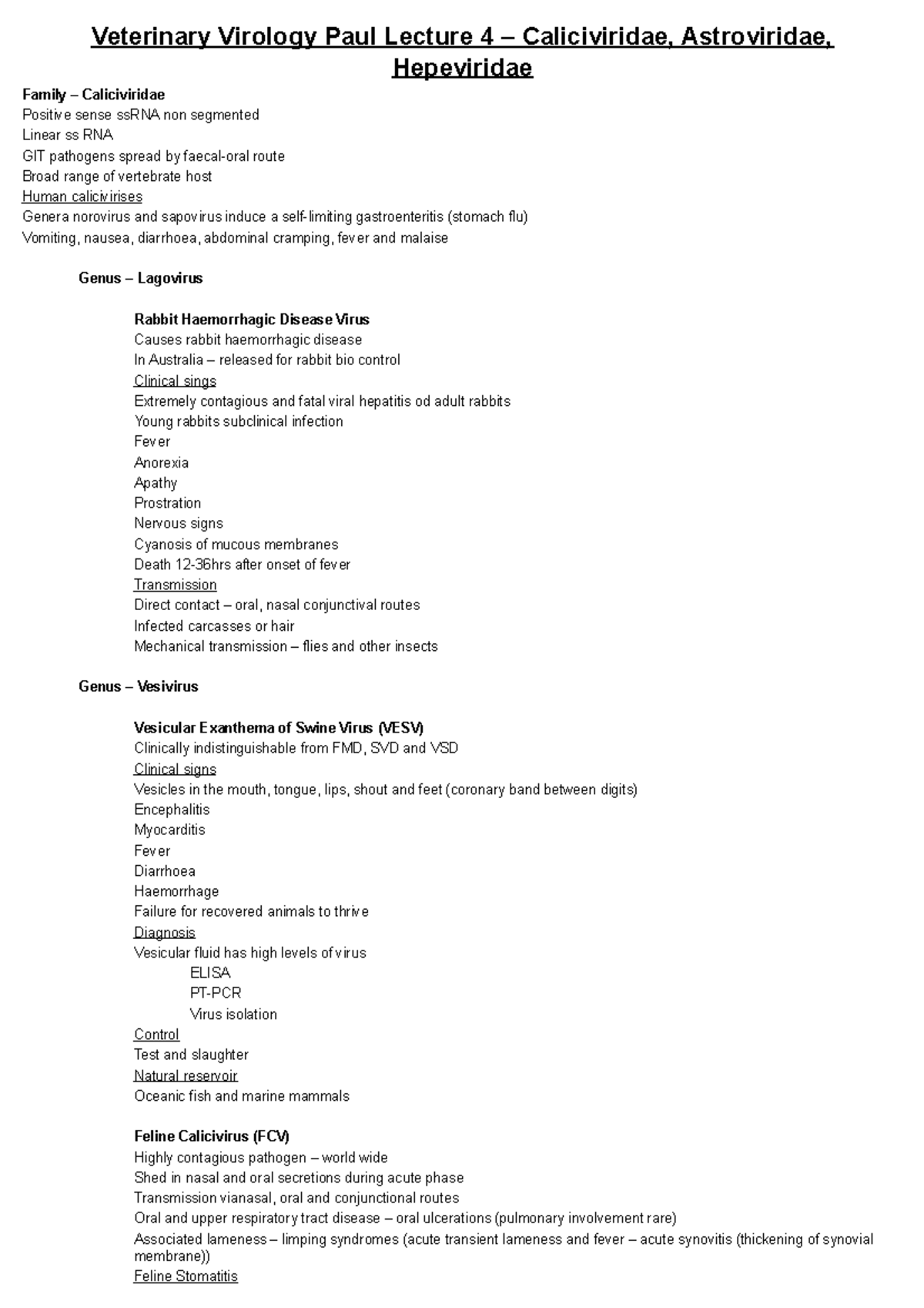Veterinary Virology Paul Lecture 4 – Caliciviridae, Astroviridae, Hepeviridae - Veterinary ...