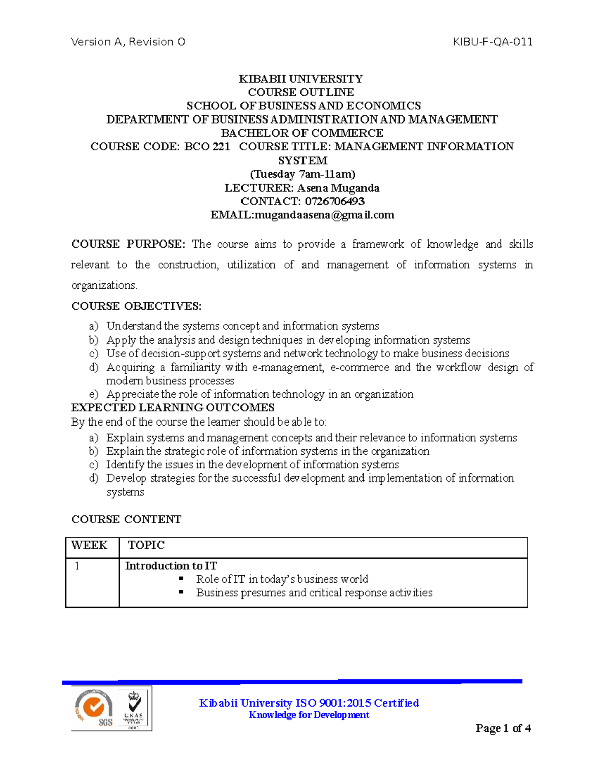 BCO 221 MIS Course Outline - KIBABII UNIVERSITY COURSE OUTLINE SCHOOL ...