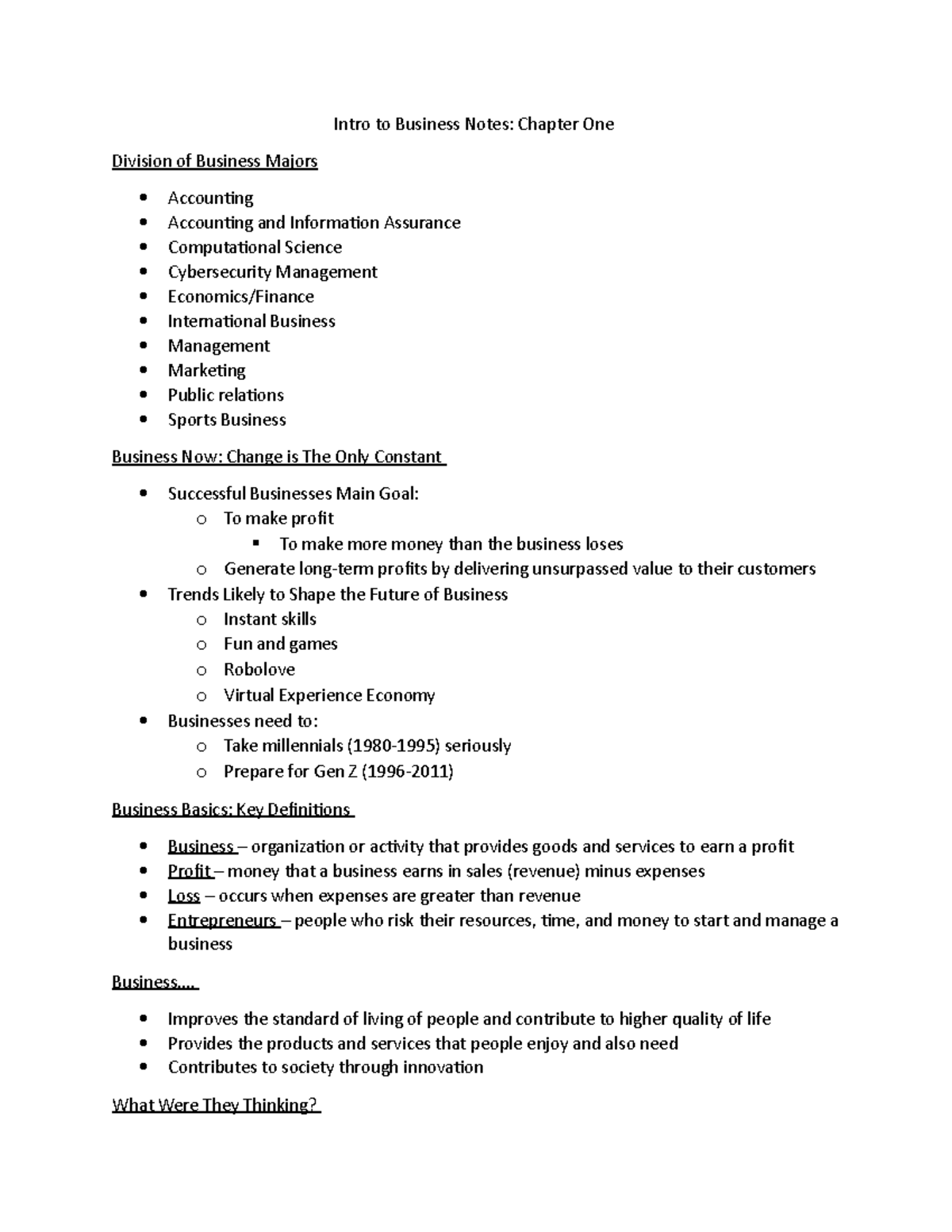Chapter One Notes - Intro to Business Notes: Chapter One Division of ...