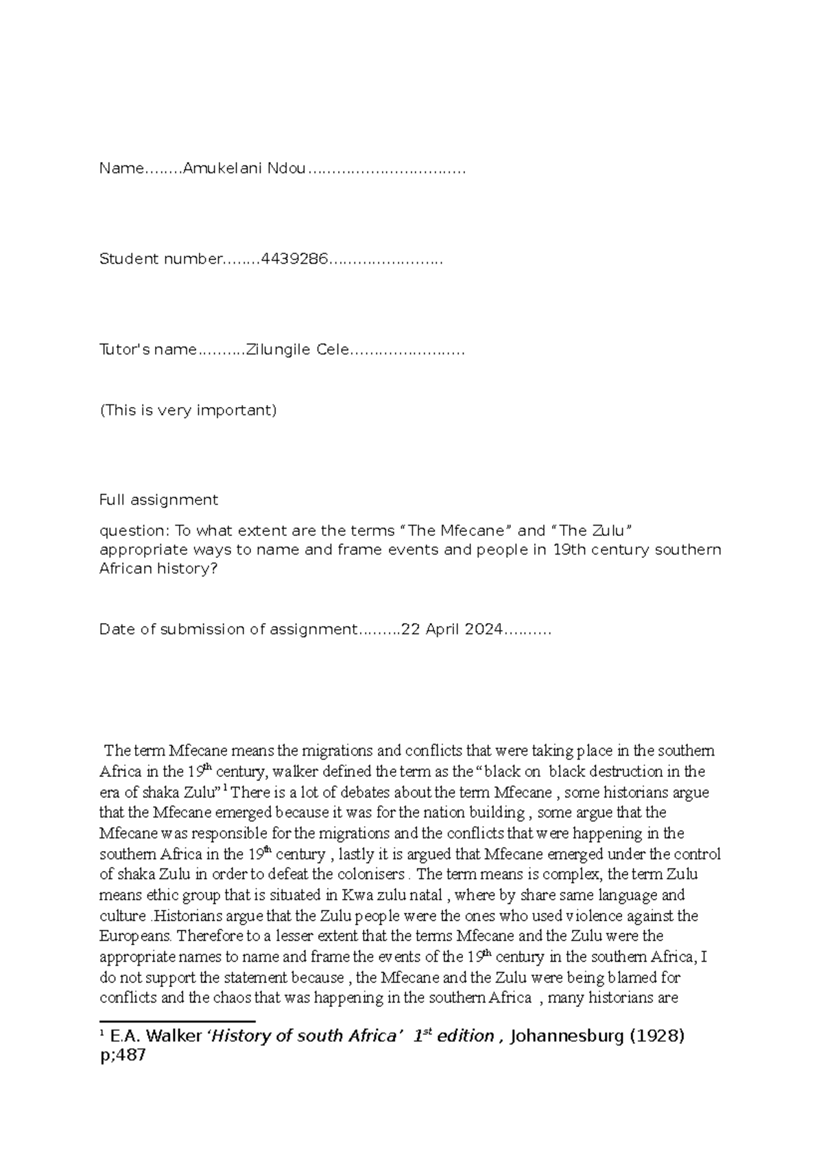 Amukelani ndou History - Name....... Ndou................................. Student - Studocu