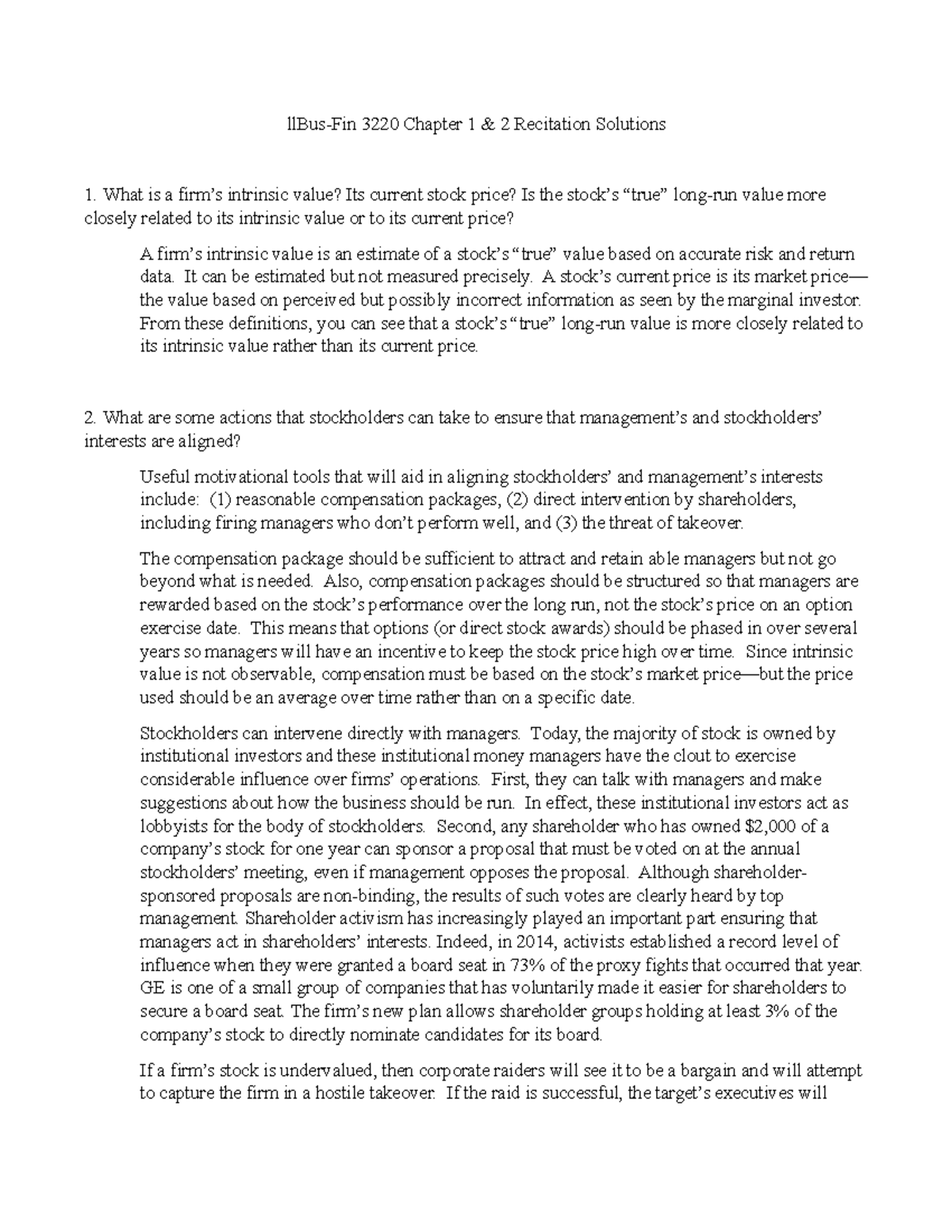 Ch 1 and 2 recitation solutions - llBus-Fin 3220 Chapter 1 & 2 Recitation Solutions What is a ...