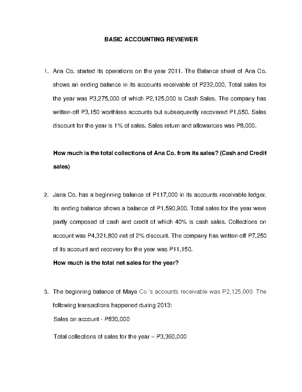 Basic Accounting Reviewer - BASIC ACCOUNTING REVIEWER 1. Ana Co ...