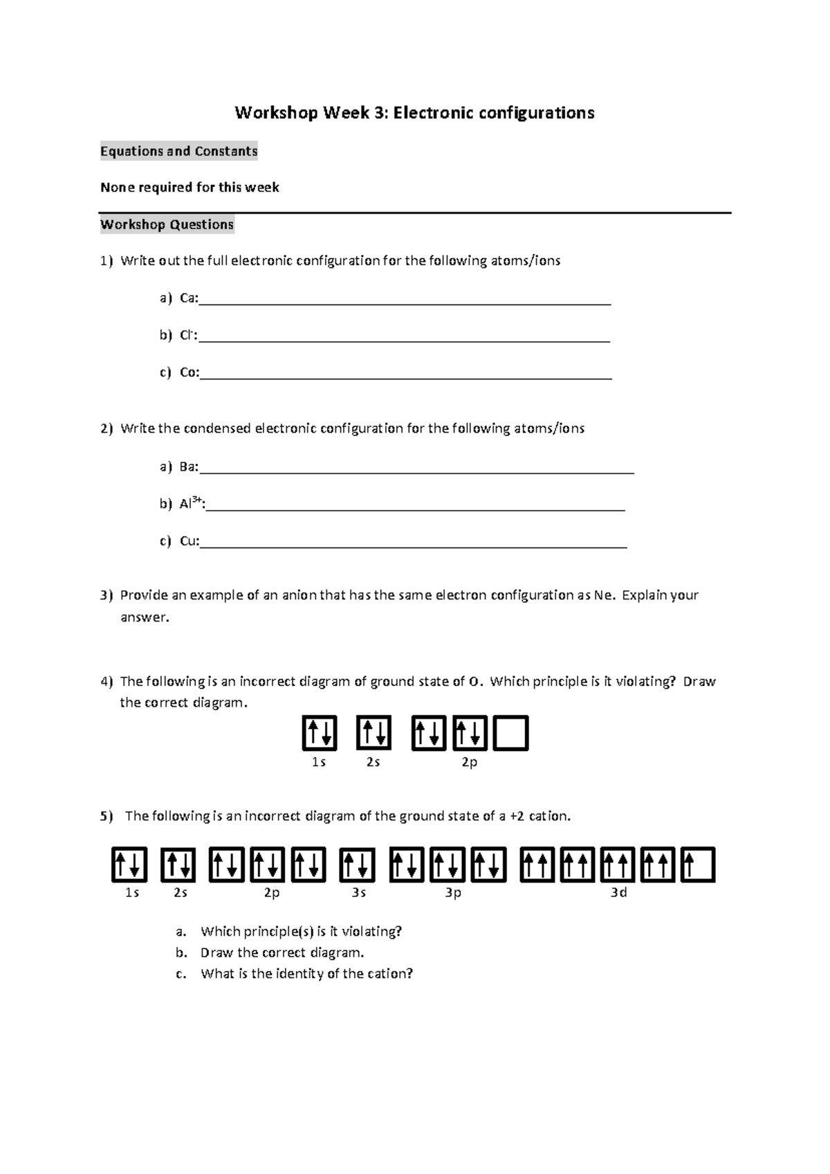 2024 W3 worksheet - amazing qs - Workshop Week 3: Electronic configurations Equations and ...