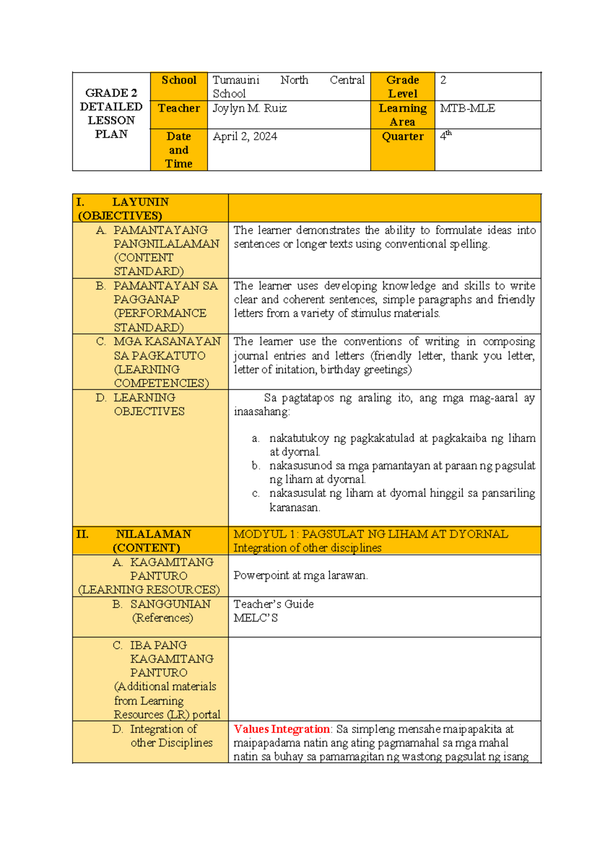 Grade 2 Detailed Pagsulat NG Liham AT Dyornal MTB MLE 1 - GRADE 2 ...