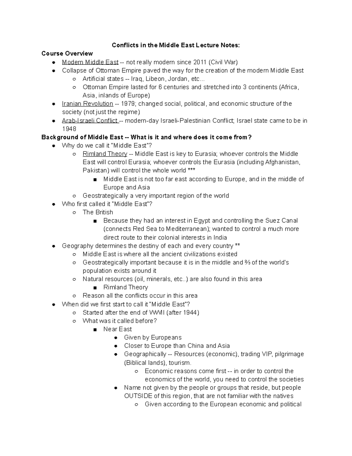 INTS Lecture Notes - Conflicts in the Middle East Lecture Notes: Course ...