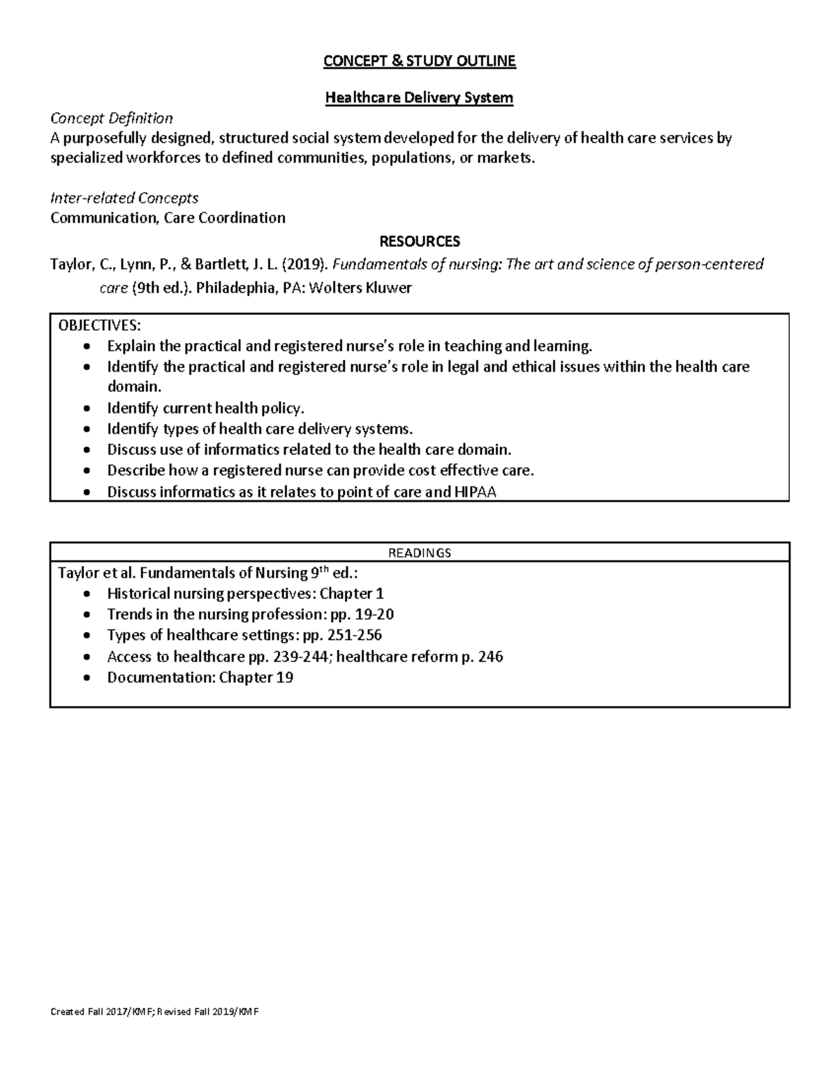 Healthcare Delivery Systems Objectives - Created Fall 2017/KMF; Revised ...