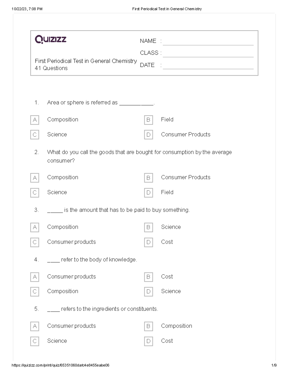 First Periodical Test in General Chemistry - Area or sphere is referred ...