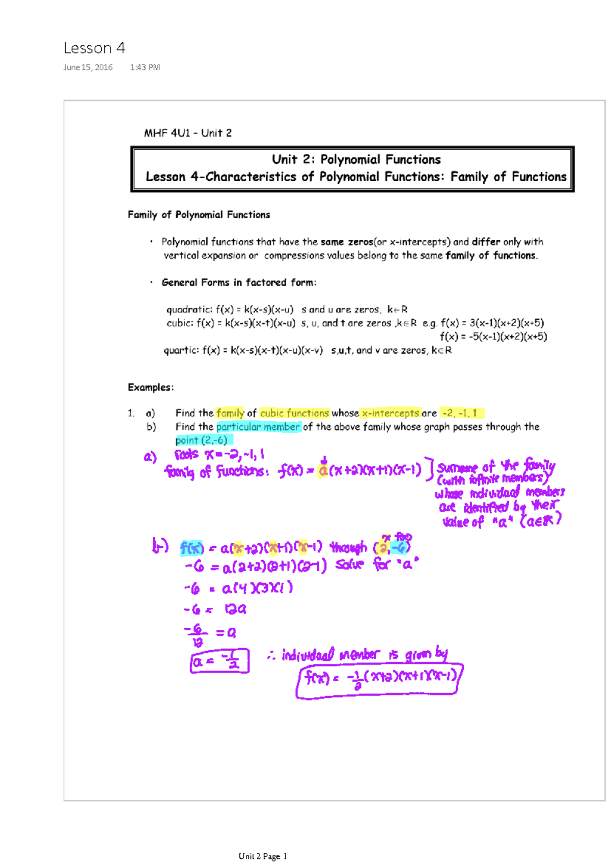 MHF4U1 U2 Lesson 4 - school work - Lesson 4 June 15, 2016 1:43 PM Unit ...