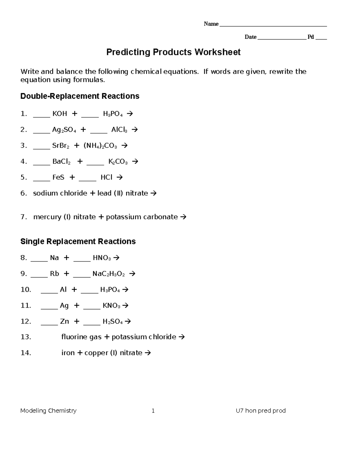 07 Worksheet 4 Predicting Products 2024 - Name Date Pd Predicting ...