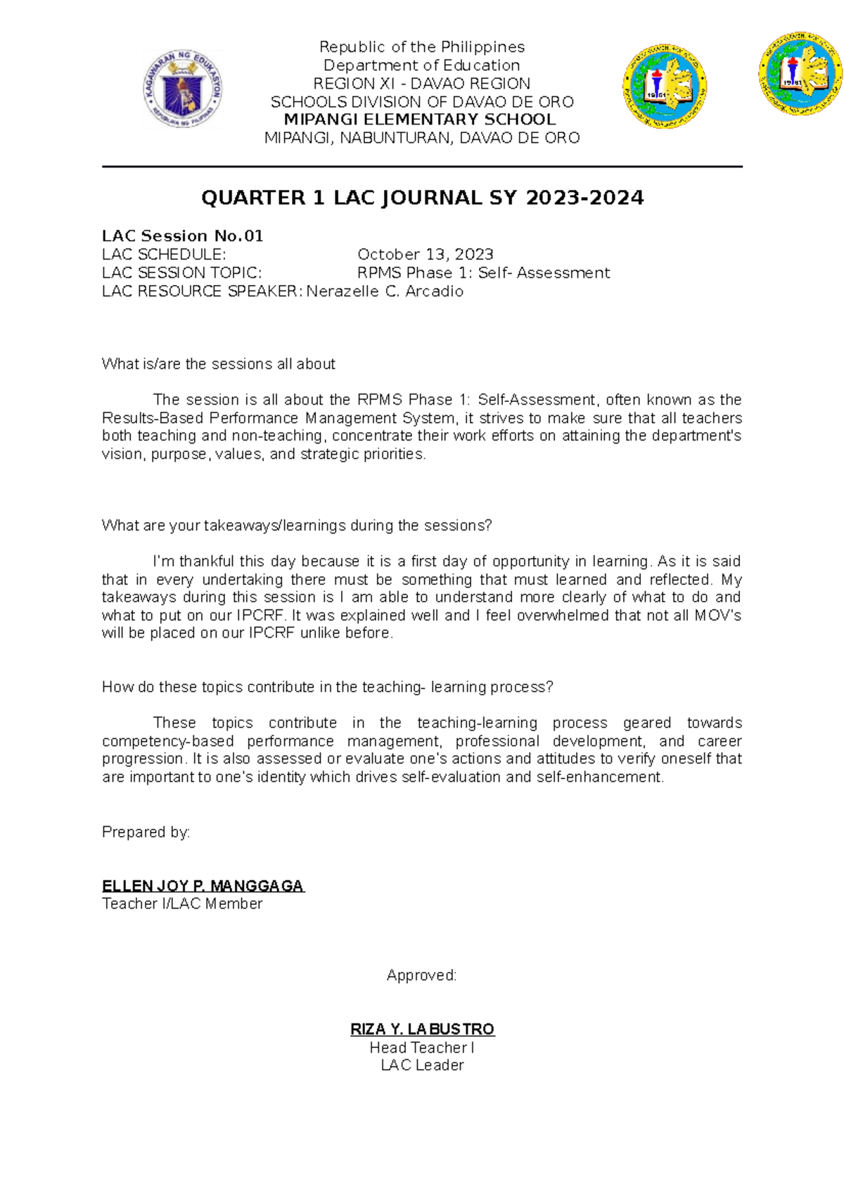 Q1-LAC-Journal #1 - FOR REFERENCE OF FUTURE EDUCATORS - Republic of the ...
