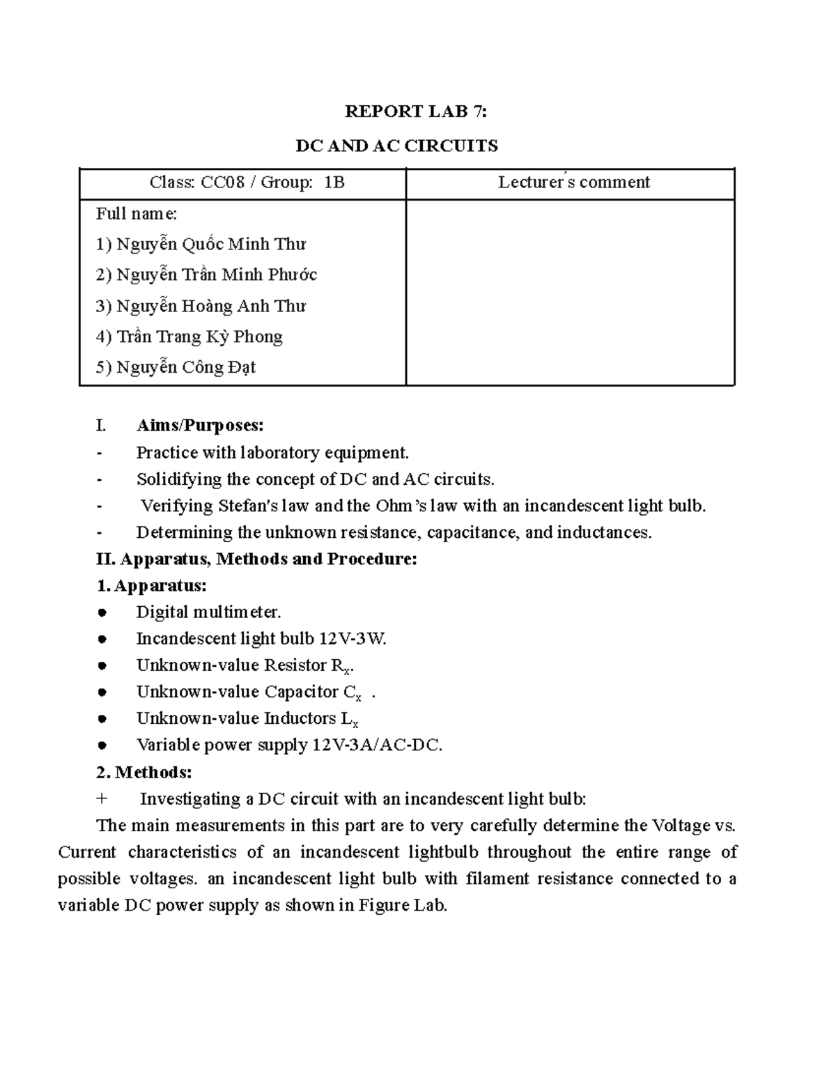 Lab7 - algebra - REPORT LAB 7: DC AND AC CIRCUITS Class: CC08 / Group ...