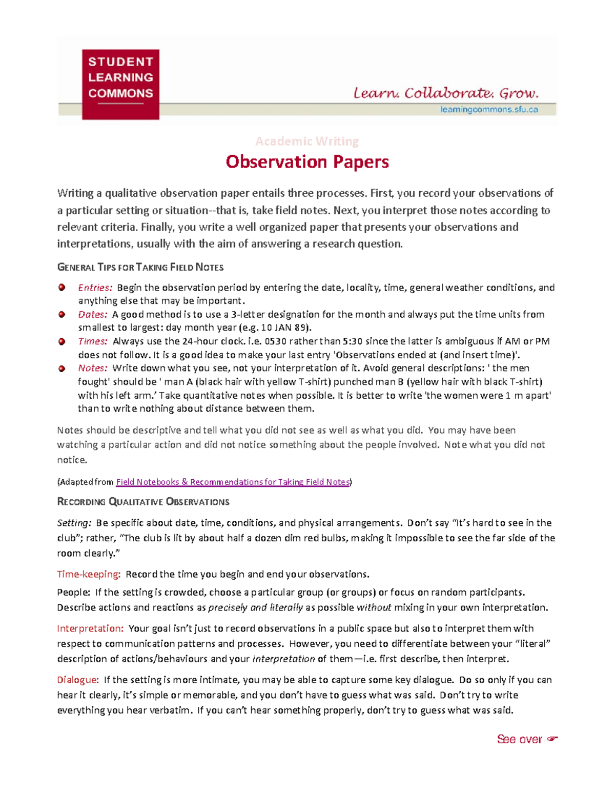 Academic Writing-observation - See over ) Academic Writing Observation ...