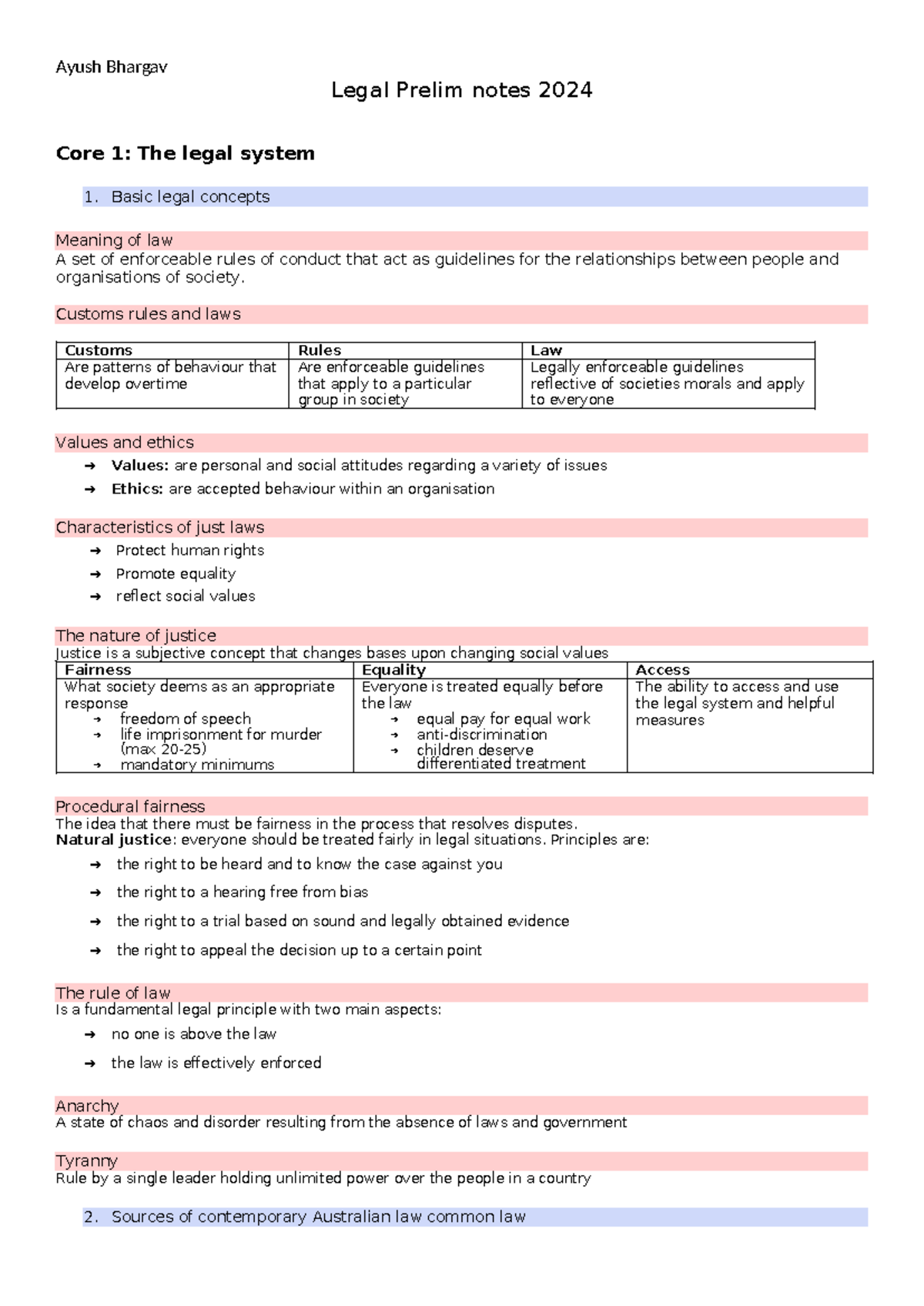 Legal Studies - Legal Prelim notes 2024 Core 1: The legal system 1 ...