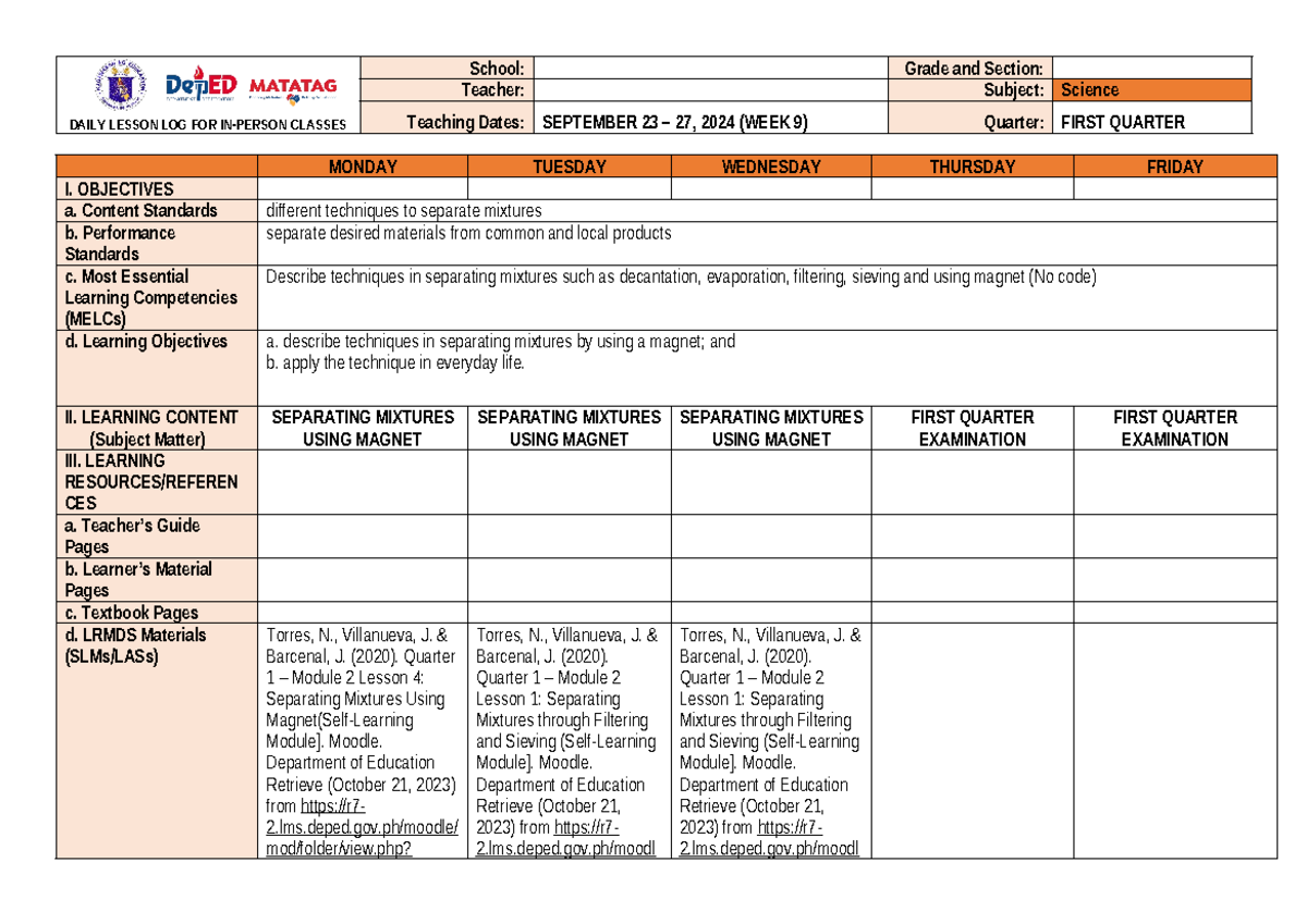 G6 Q1W9 DLL Science (MELCs) - DAILY LESSON LOG FOR IN-PERSON CLASSES ...