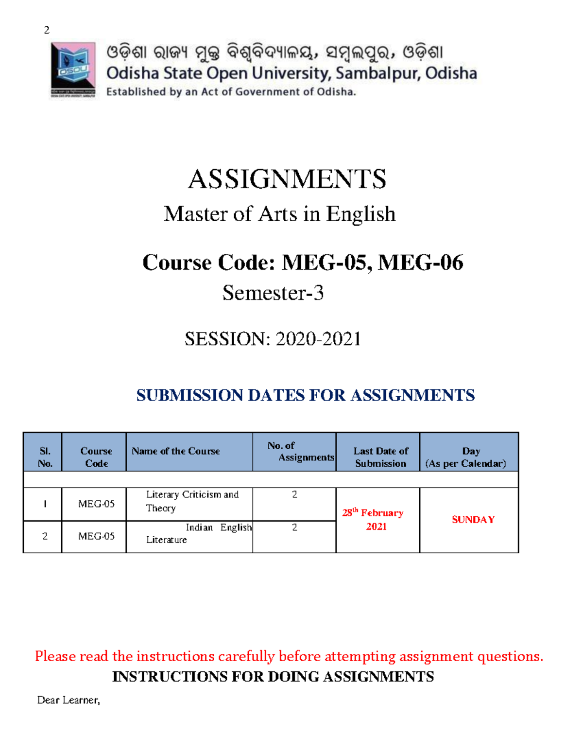 MAEG 3RD SEM Assignments 2020 21 - 2 ASSIGNMENTS Master of Arts in English Course Code: MEG-05 ...