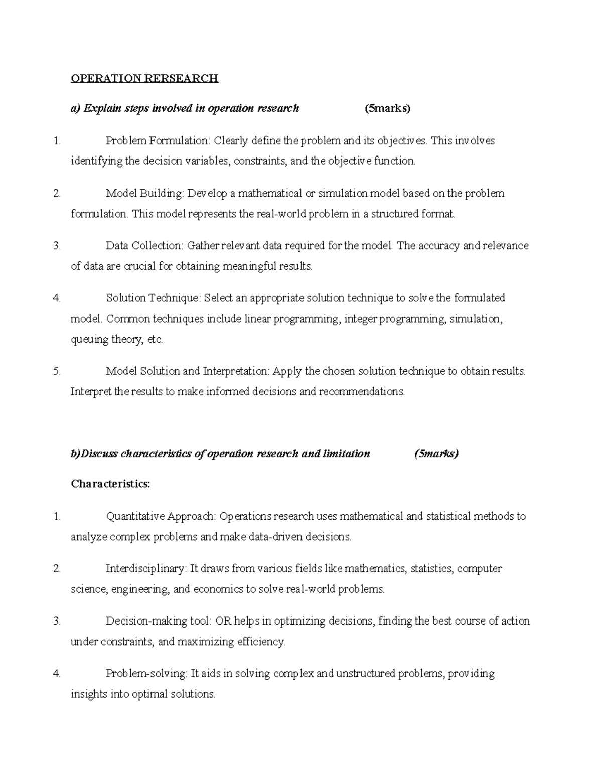Operation Research. - OPERATION RERSEARCH a) Explain steps involved in ...