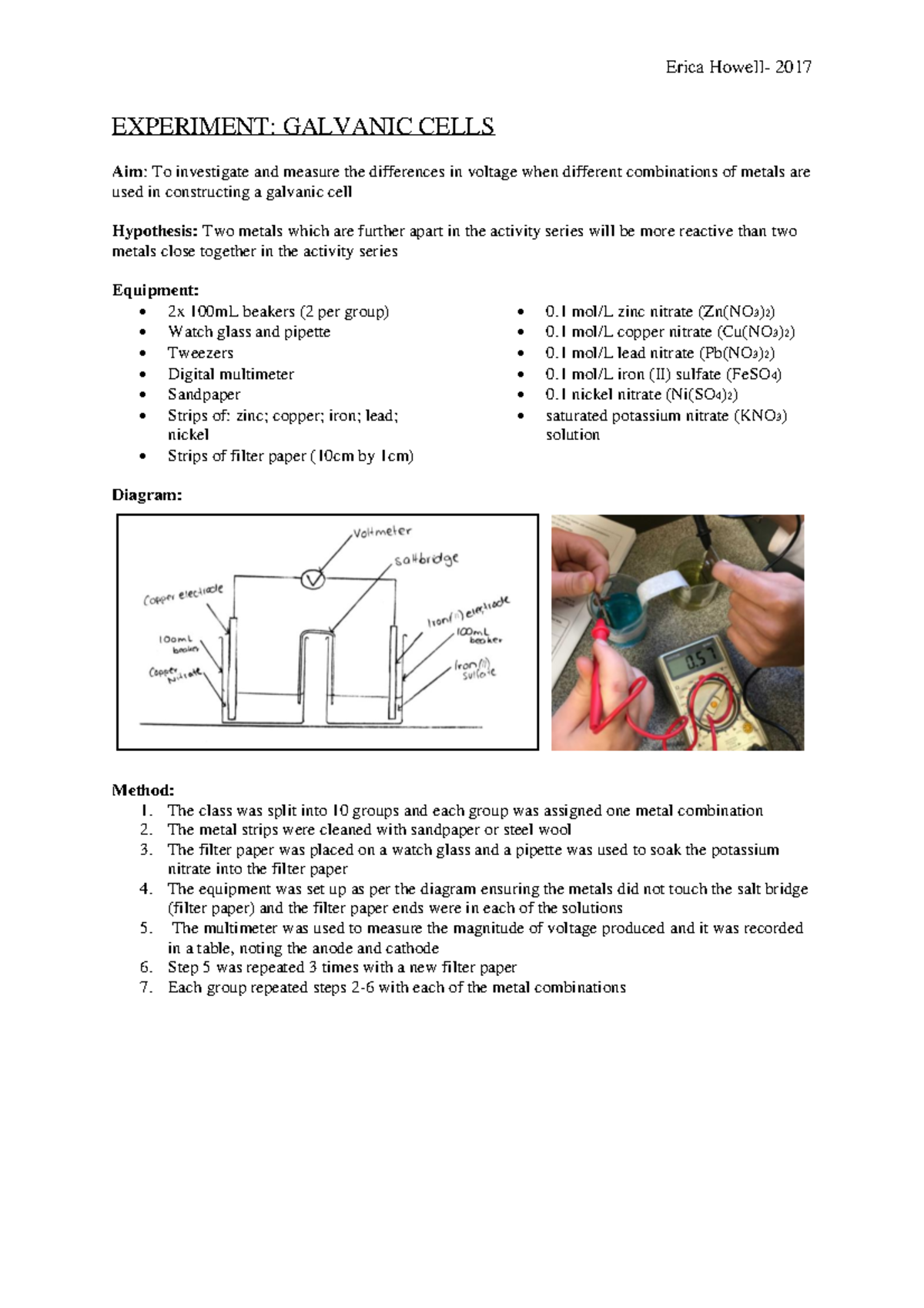 Experiment- Galvanic Cells - EXPERIMENT: GALVANIC CELLS Aim: To ...