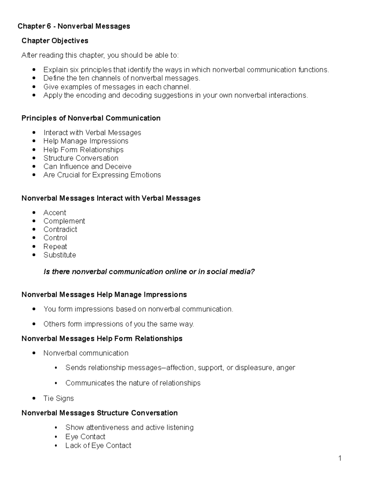 Summary Notes Chapter 6 Nonverbal Messages - Chapter 6 Nonverbal ...