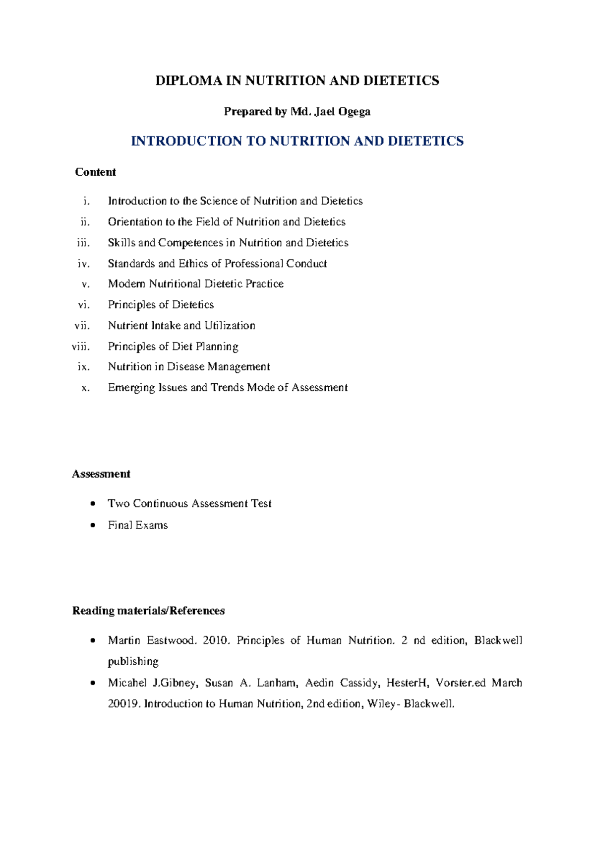 Introduction To Nutrition And Dietetics Diploma In Nutrition And
