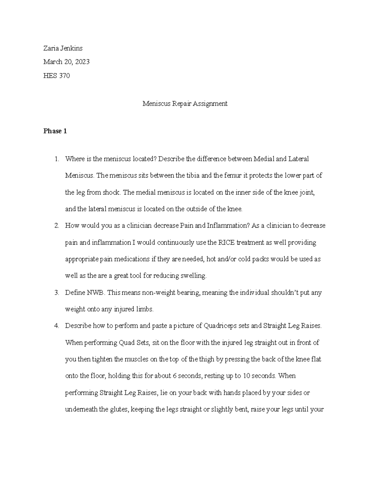 Zaria Jenkins- Meniscus Repair Assignment - Zaria Jenkins March 20 ...