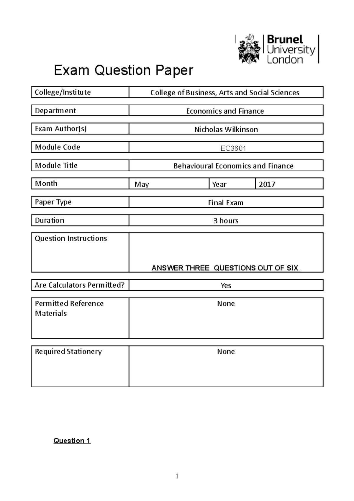 Exam May 2017 - Exam Question Paper College/Institute College of ...