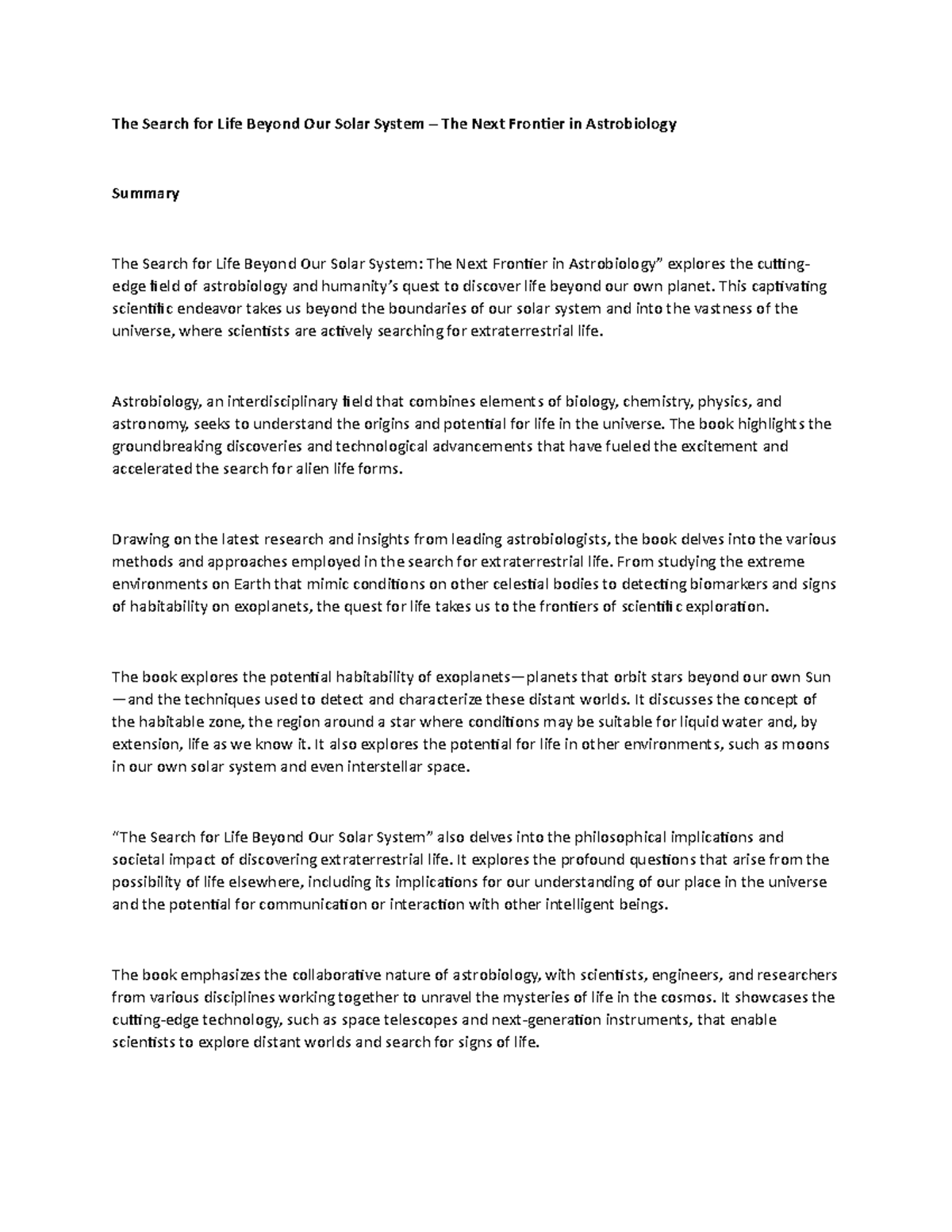 The Search for Life Beyond Our Solar System – The Next Frontier in ...