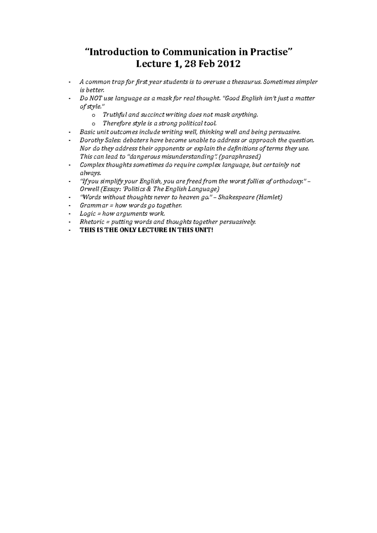 Lecture Notes Lecture 1 “introduction To Communication In Practise