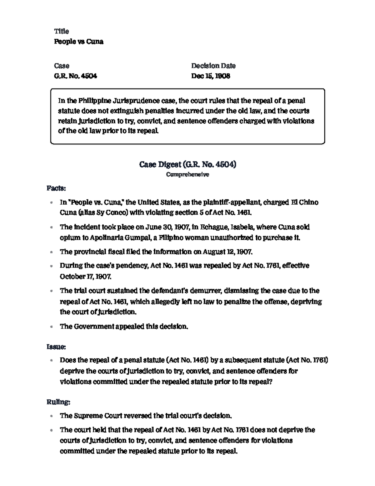 Case Digest G.R. No. 4504 - People vs Cuna - Title People vs Cuna Case ...