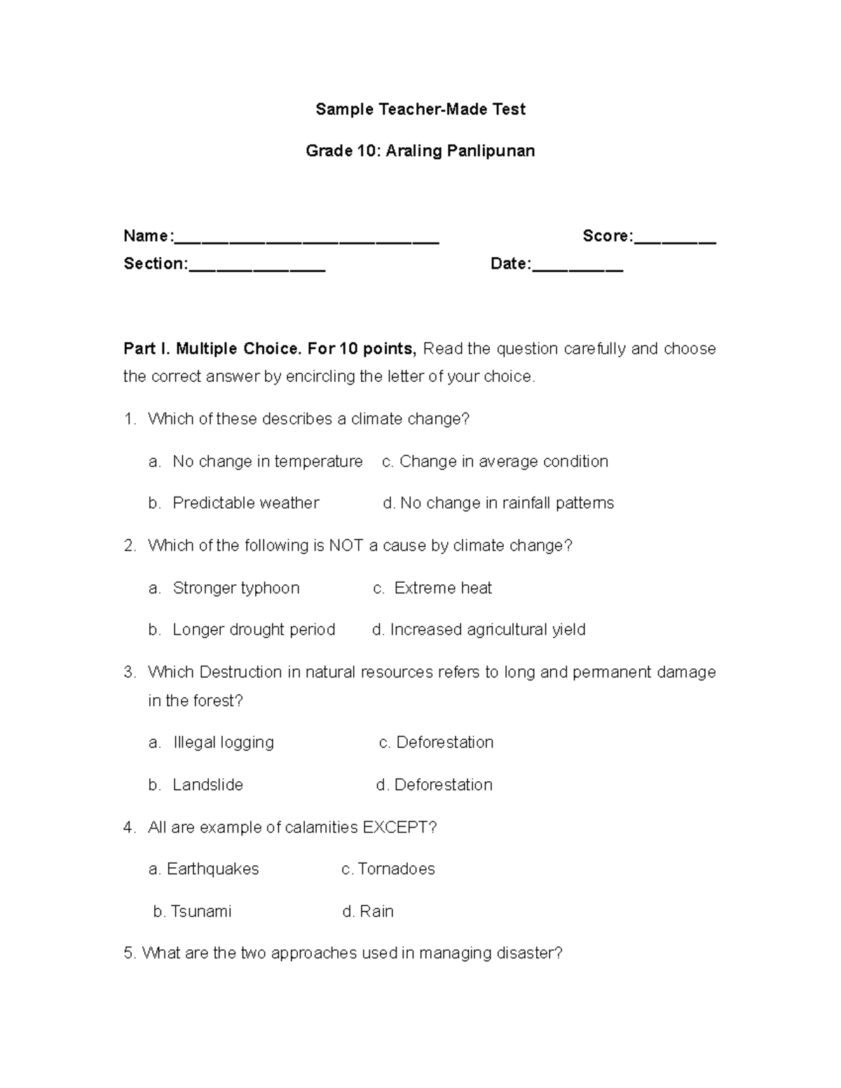 Assessment learning Sample Teacher made test part 1 - Sample Teacher ...
