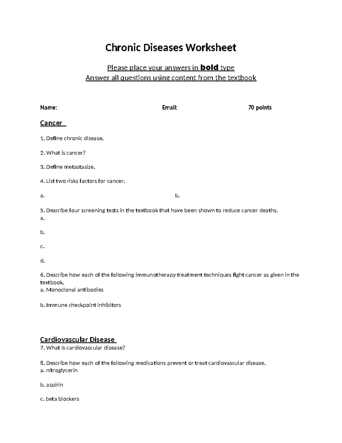 Chronic Diseases worksheet OL - Chronic Diseases Worksheet Please place ...