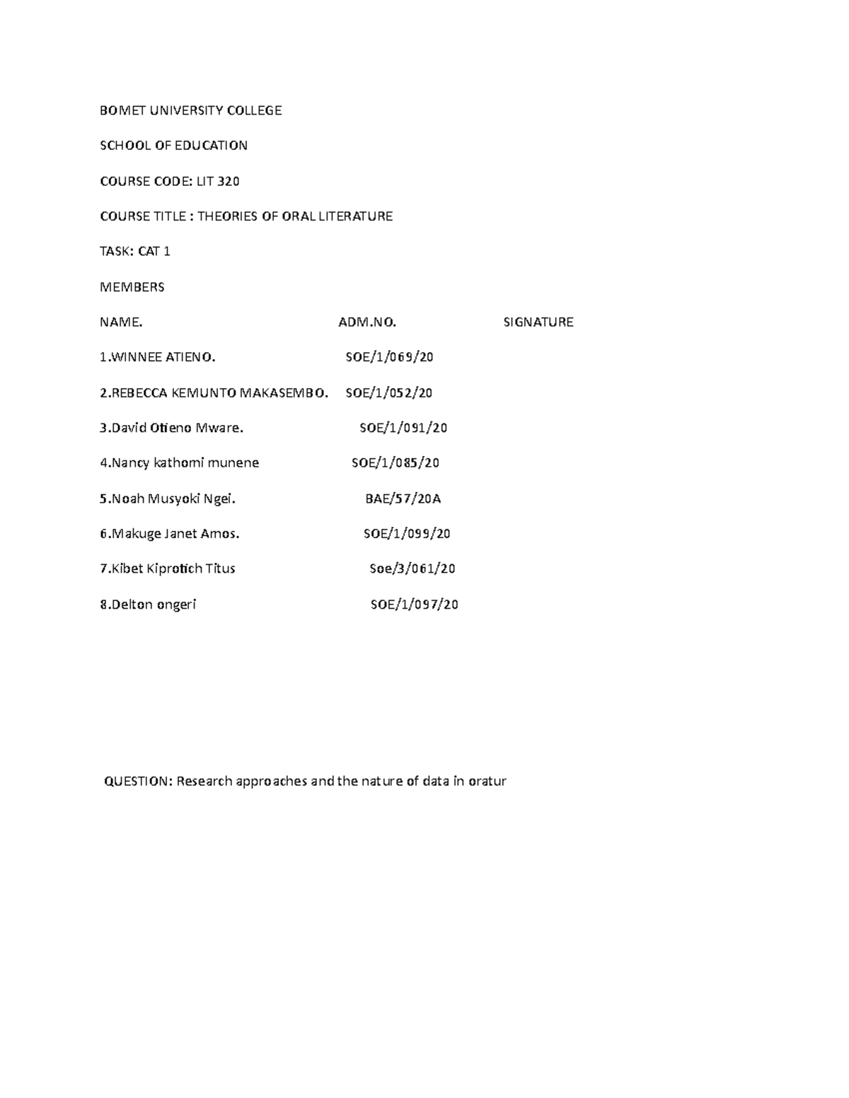 LIT 310 Theories of Oral literature Group 10 - BOMET UNIVERSITY COLLEGE ...