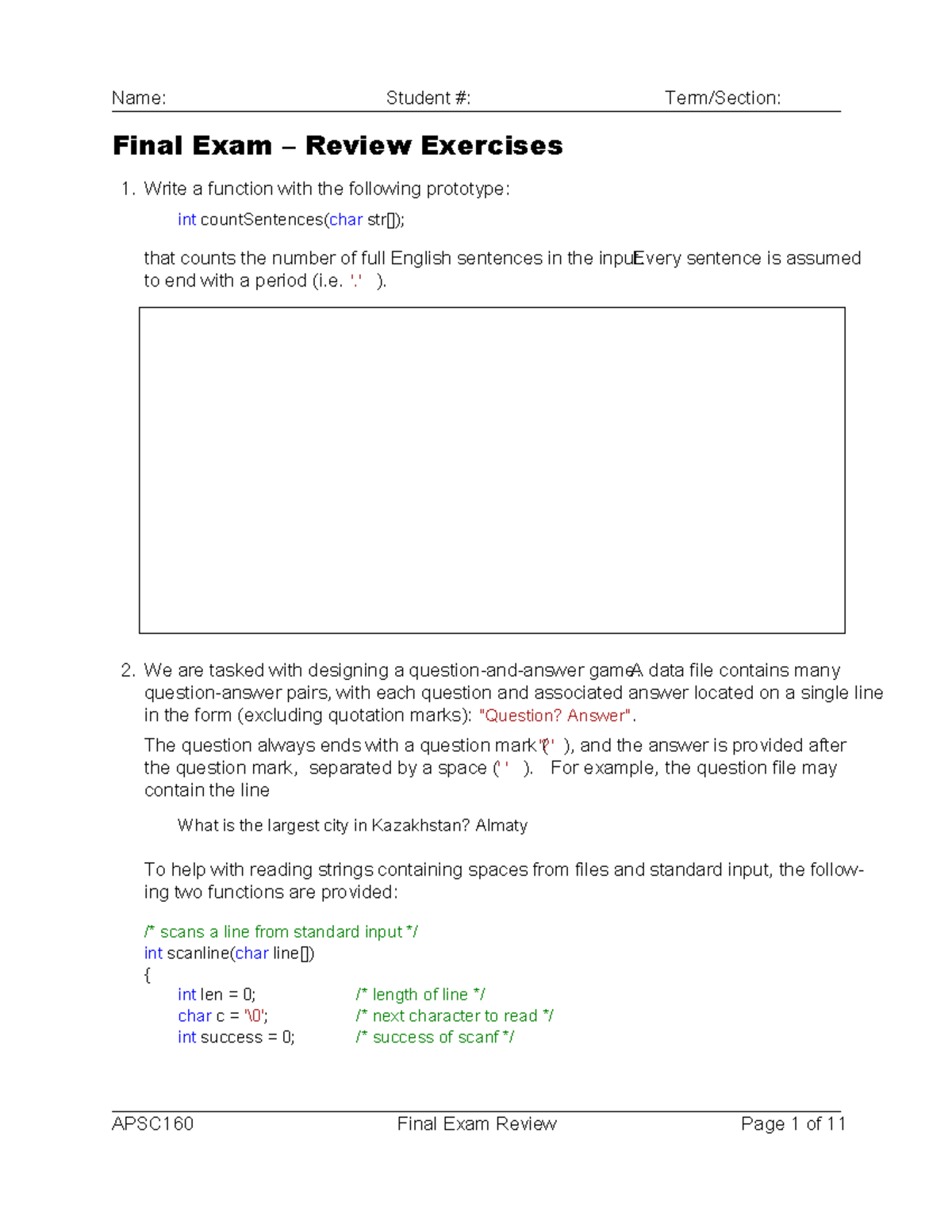 Final Exam Practice - Final Exam – Review Exercises 1. Write a function ...