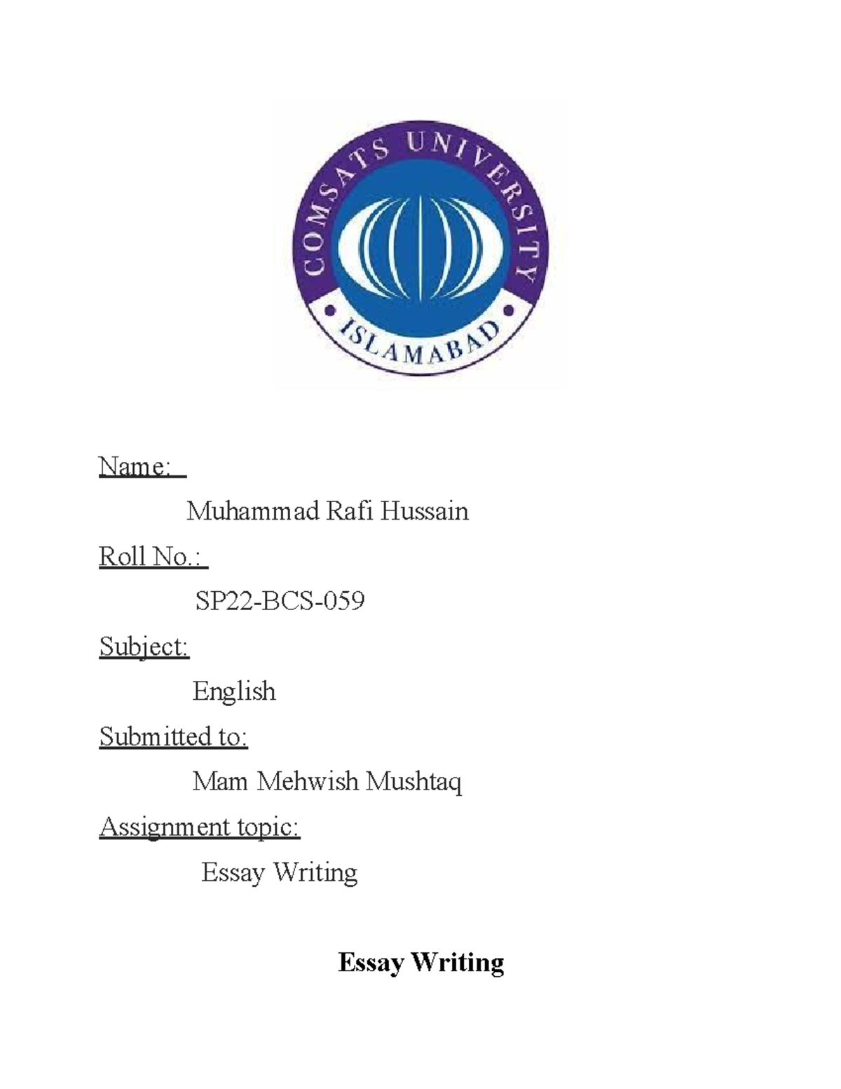 English Assignment - Name: Muhammad Rafi Hussain Roll No.: SP22-BCS ...