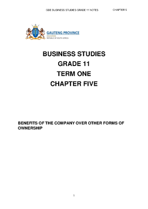 2020 Business Studiess Grade 11 Notes Chapter ONE - BUSINESS STUDIES ...